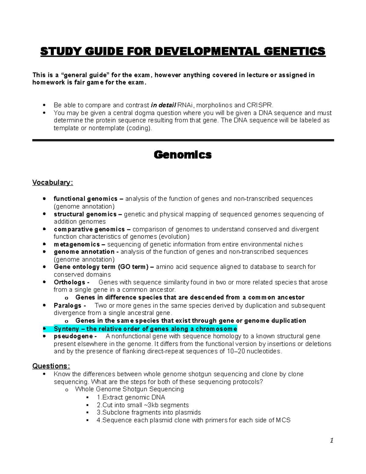 Study Guide FOR Developmental Genetics Exam - STUDY GUIDE FOR ...