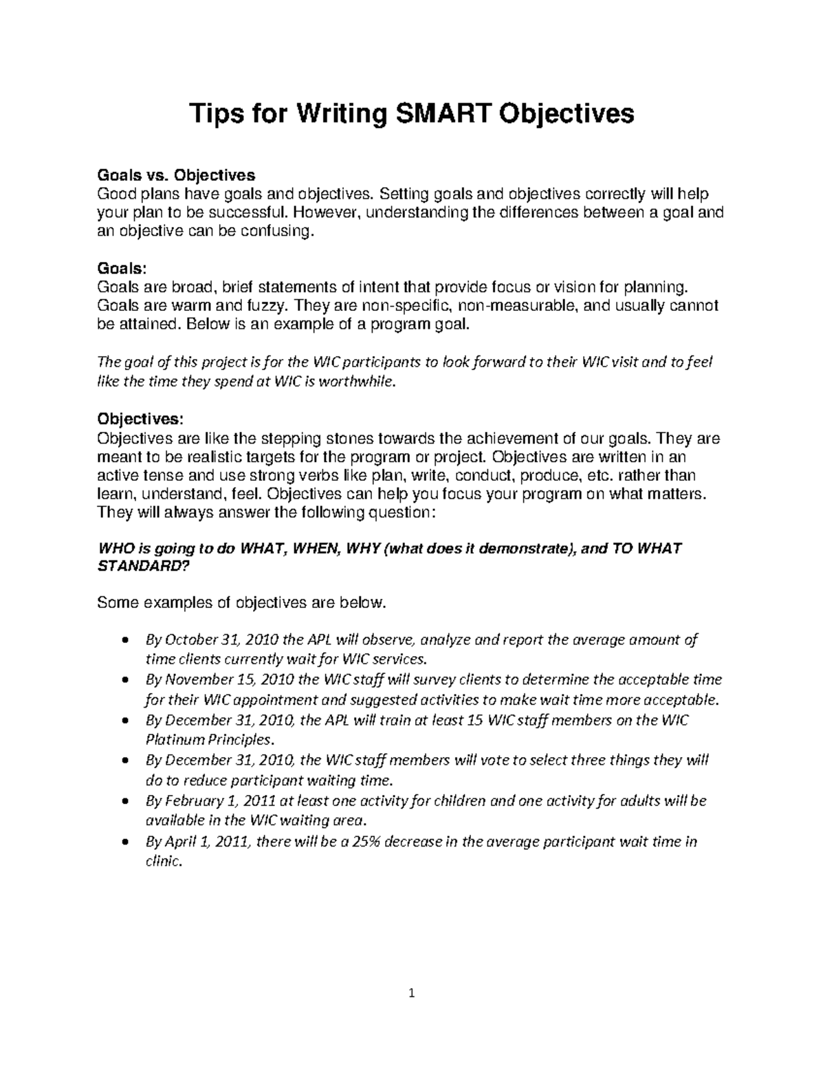 Tips writing smart objectives - 1 Tips for Writing SMART Objectives ...