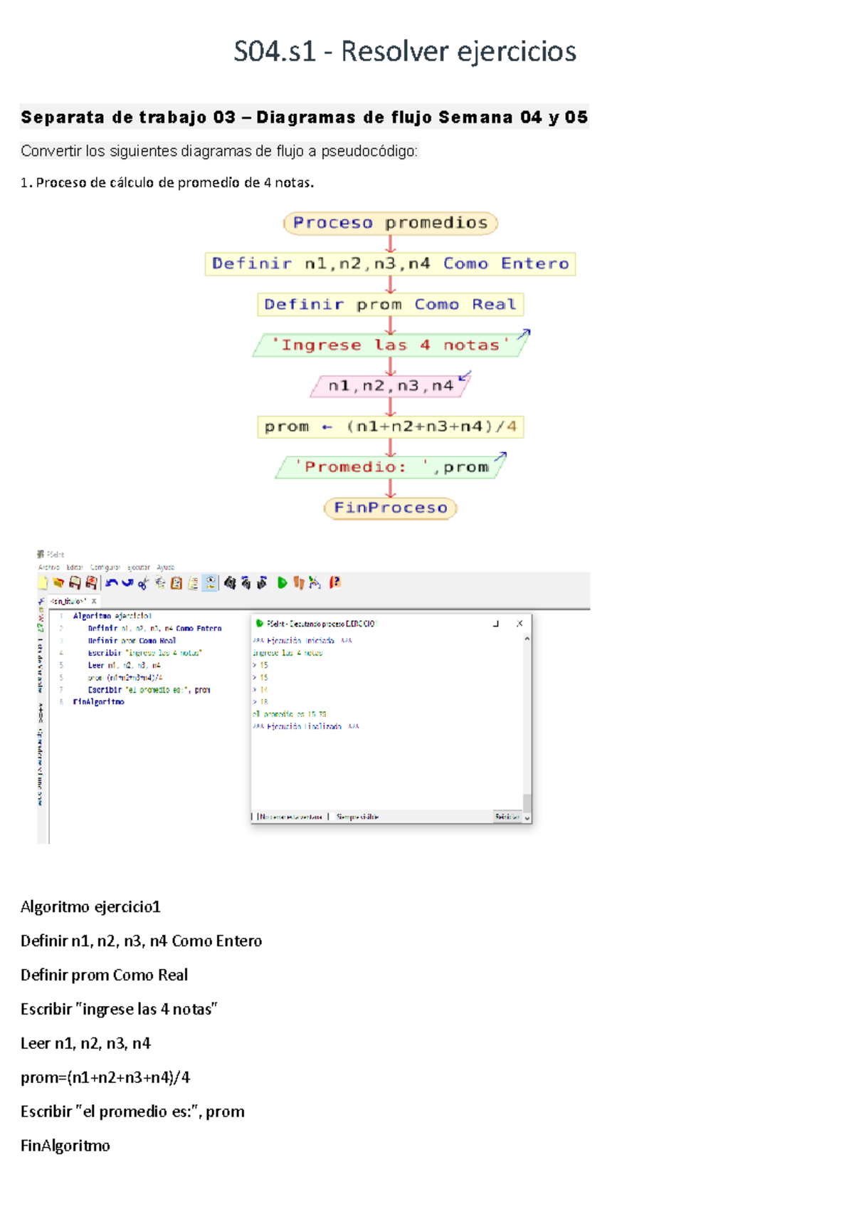 S04 De Algoritmo Resuelto S04 Resolver Ejercicios Separata De Trabajo 03 Diagramas De