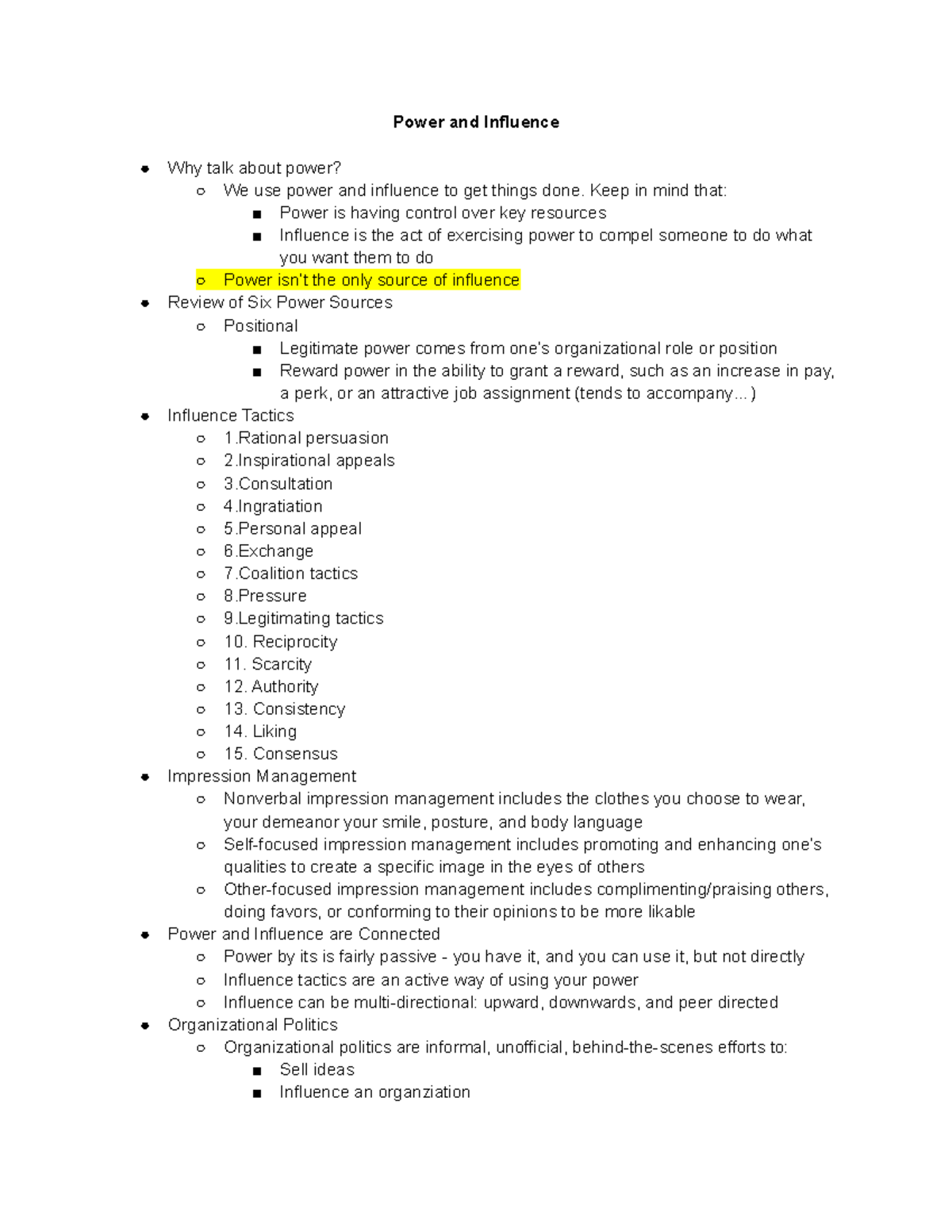 Power and Influence Notes - Power and Influence Why talk about power ...