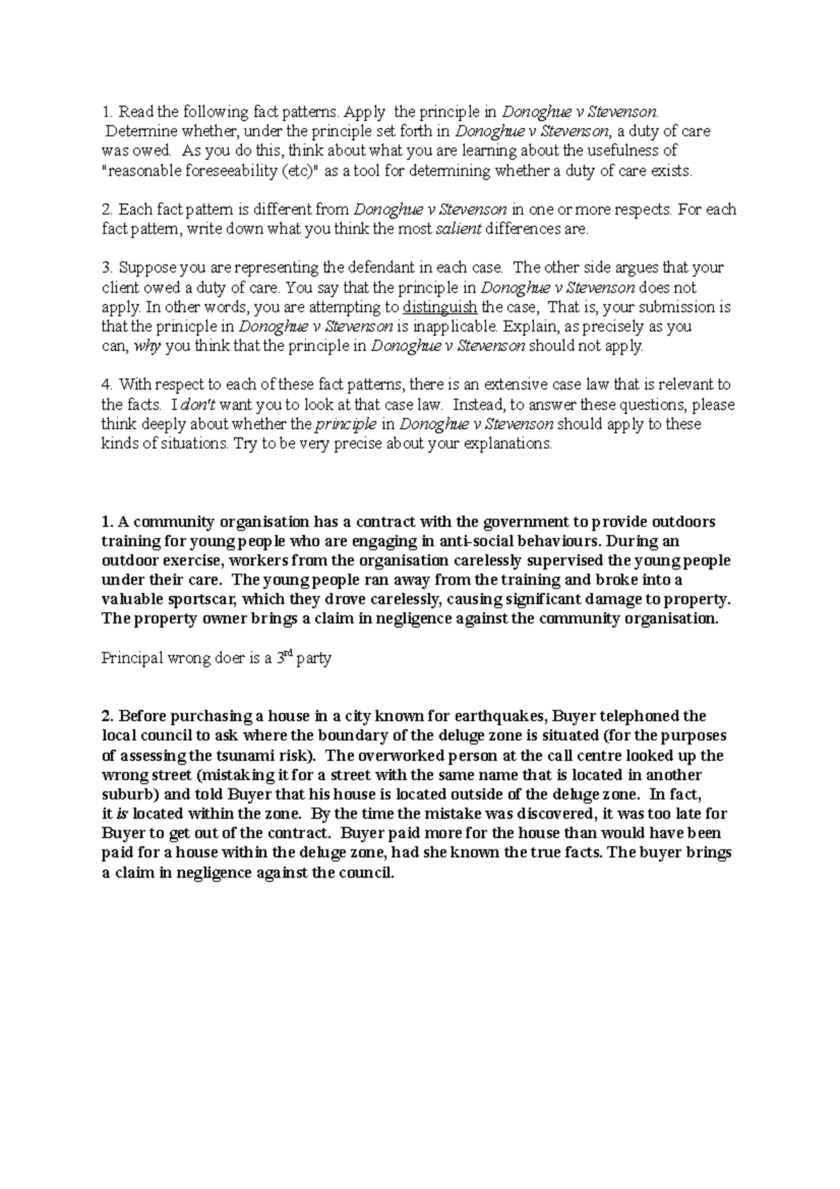 Torts TUT 1 - Tutorial and answers - Read the following fact patterns ...