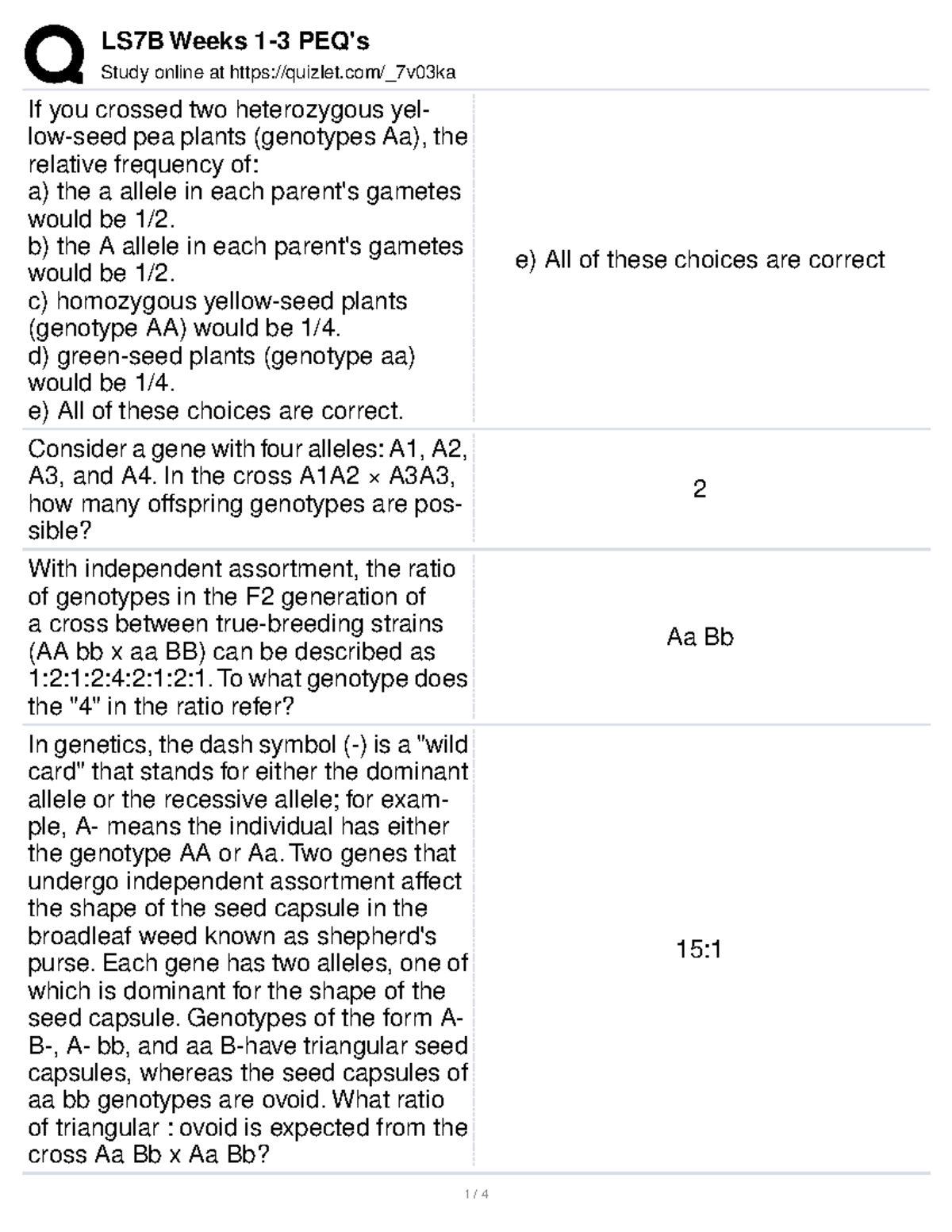 Week 1-3 PEQS - peqs - Study online at quizlet/_7v03ka If you crossed two heterozygous yel- low ...