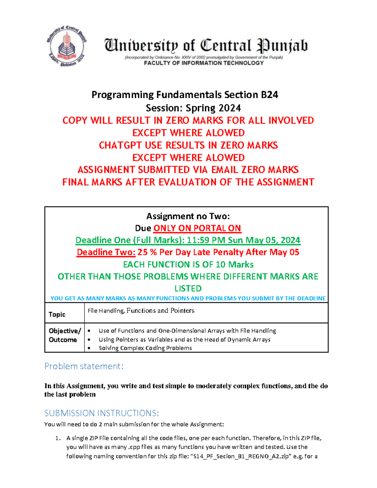 S24 PF B24 Atwo - Pf 24 assignment - Programming Fundamentals Section B 24 Session: Spring 2024 ...