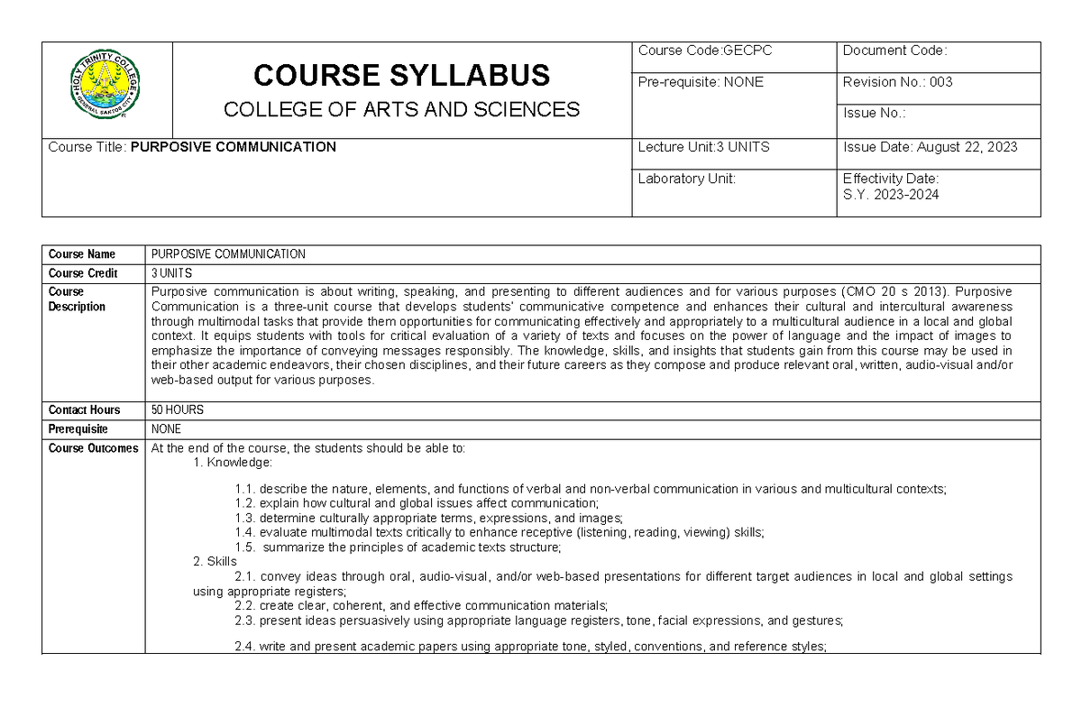 Gecpc NEW Syllabus - NOT APPLICABLE - COURSE SYLLABUS COLLEGE OF ARTS ...