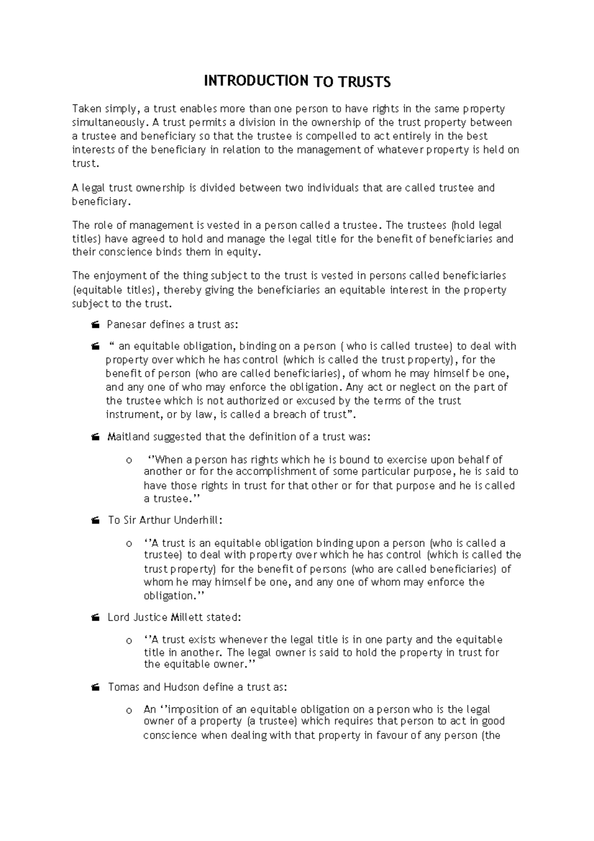 Trusts Notes - INTRODUCTION TO TRUSTS Taken simply, a trust enables ...