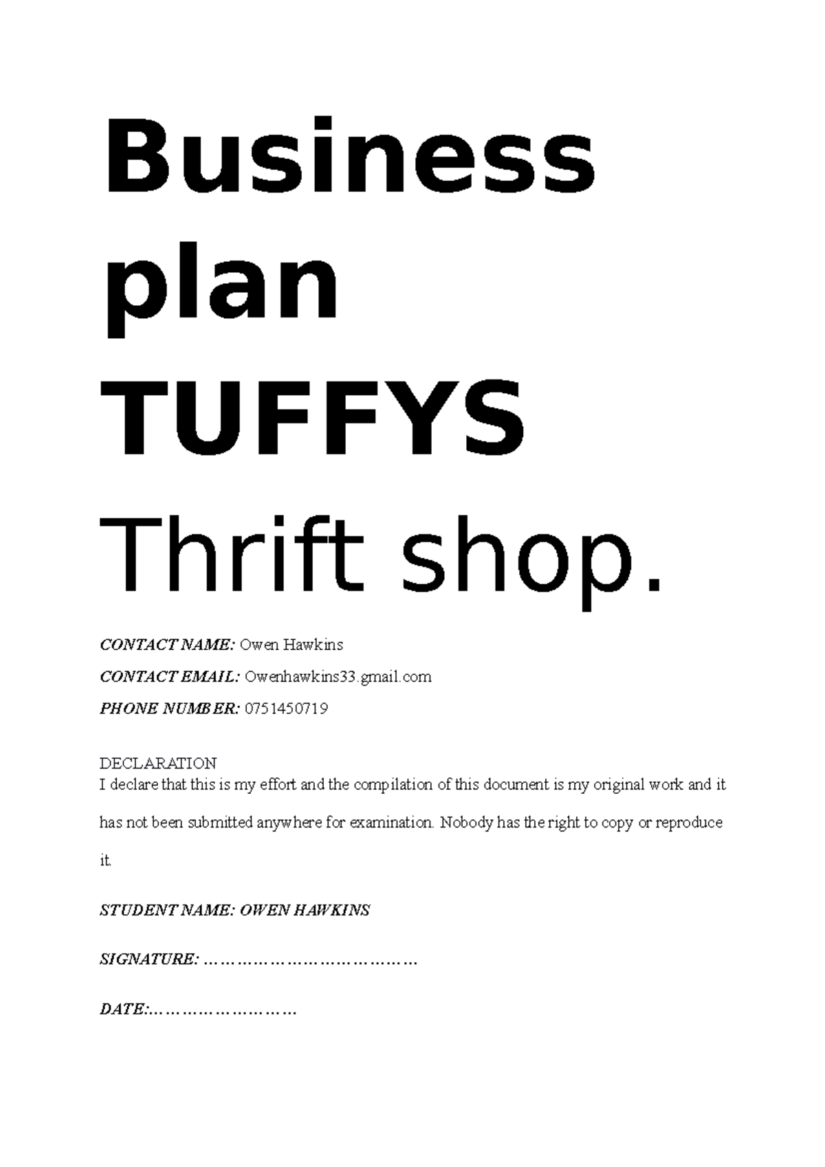 Tuffys thrift shop mmm - It's an example of a business plan - Business ...