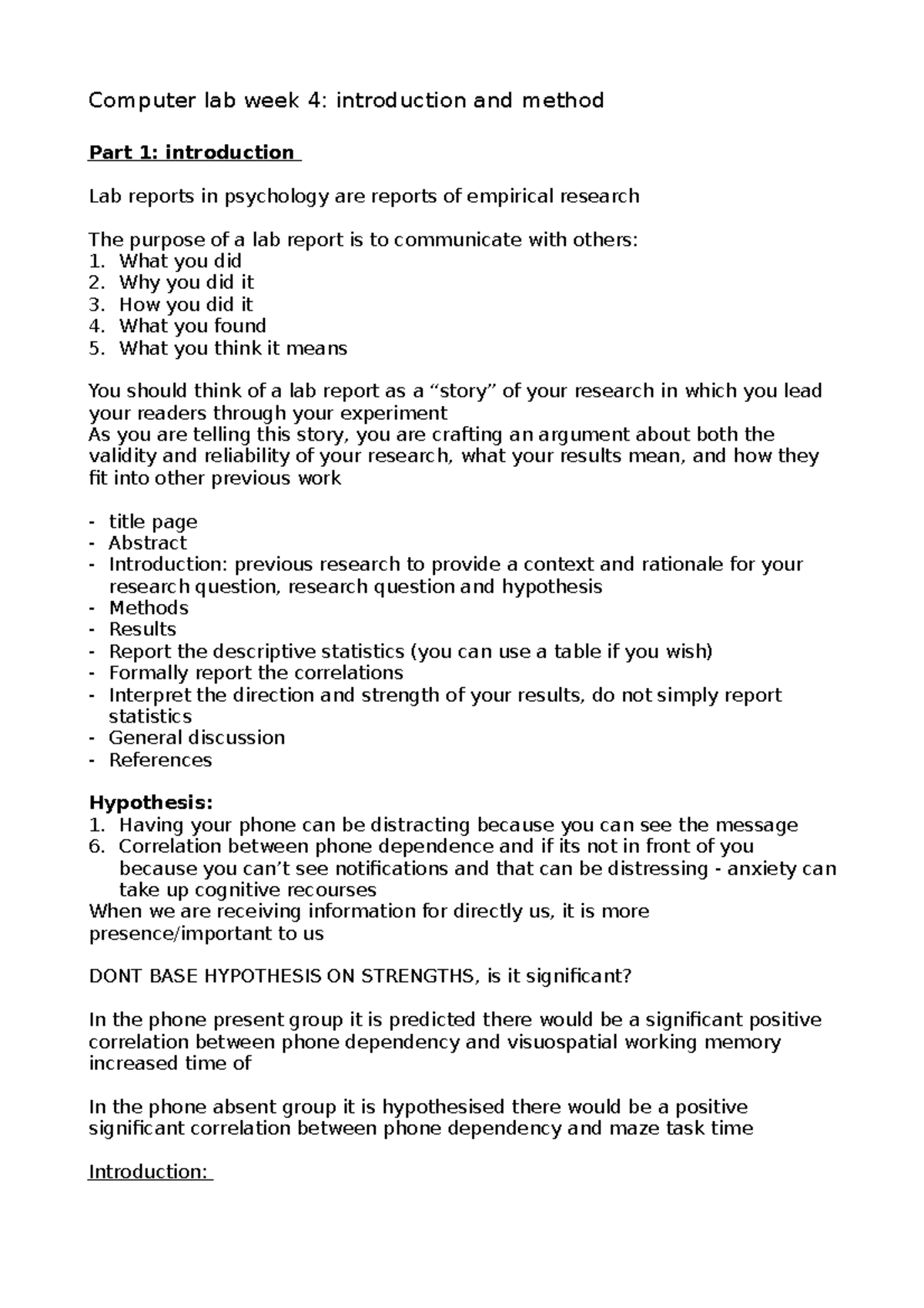 Comp lab wk 4 intro and method - 2006PSY - Griffith - Studocu