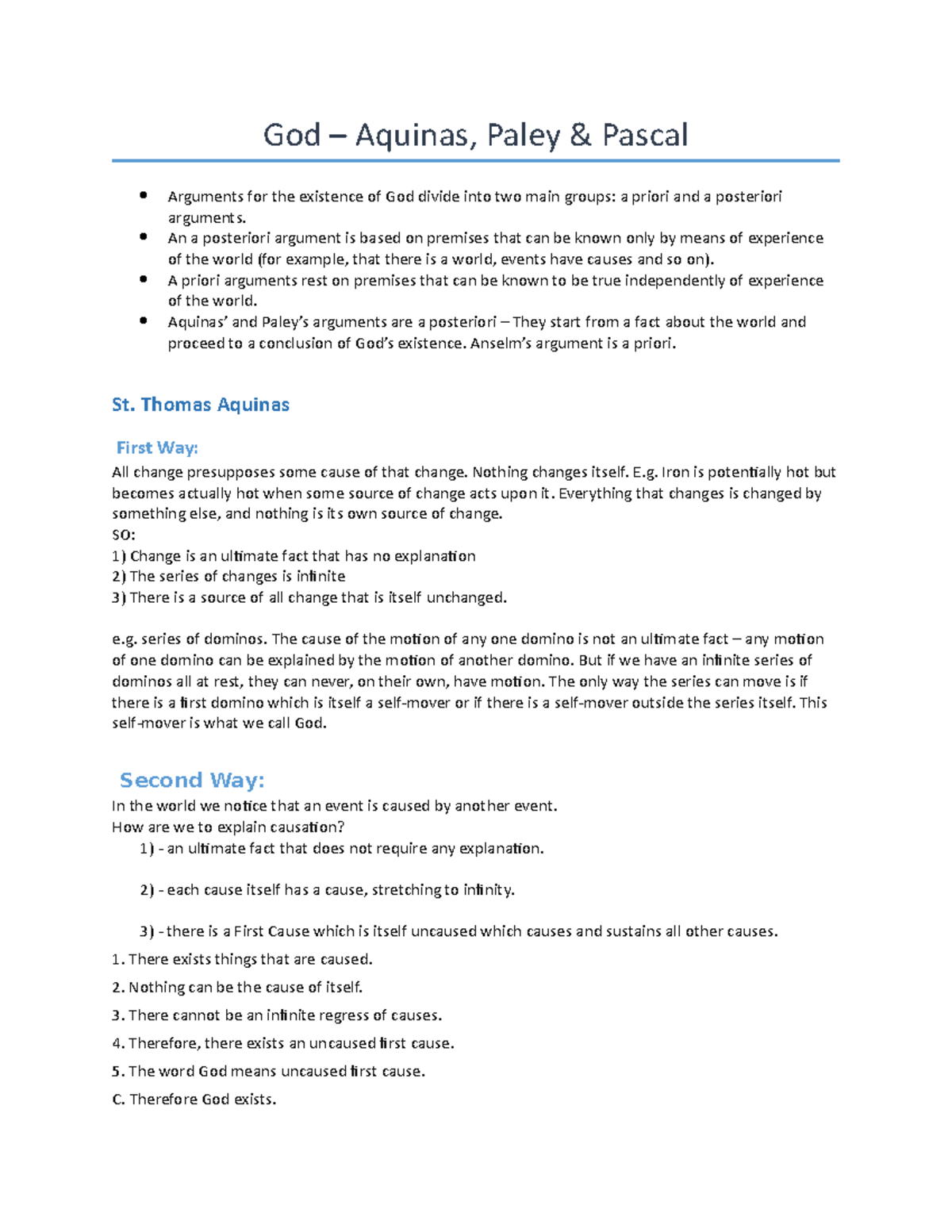 Aquinas, Pascal - notes - God – Aquinas, Paley & Pascal Arguments for ...