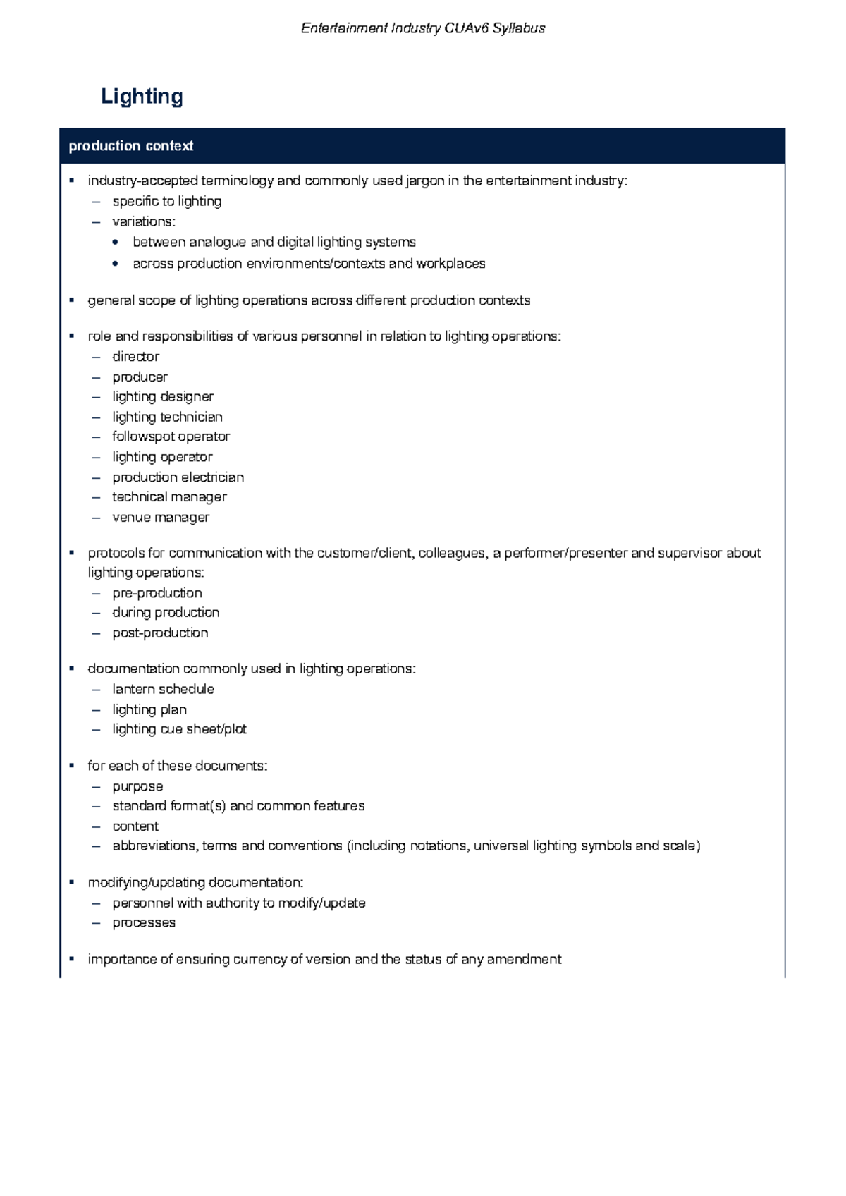 HSC Lighting Syllabus - Lighting production context § industry-accepted ...