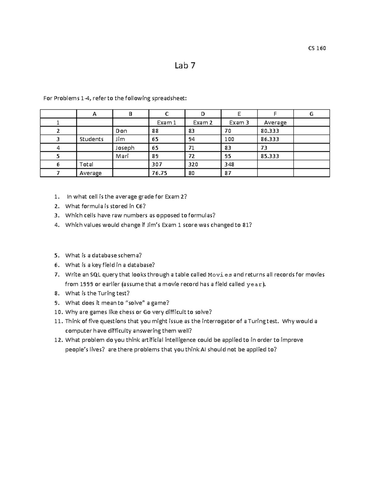 Lab 7 - Database - CS 160 Lab 7 For Problems 1-4, refer to the ...