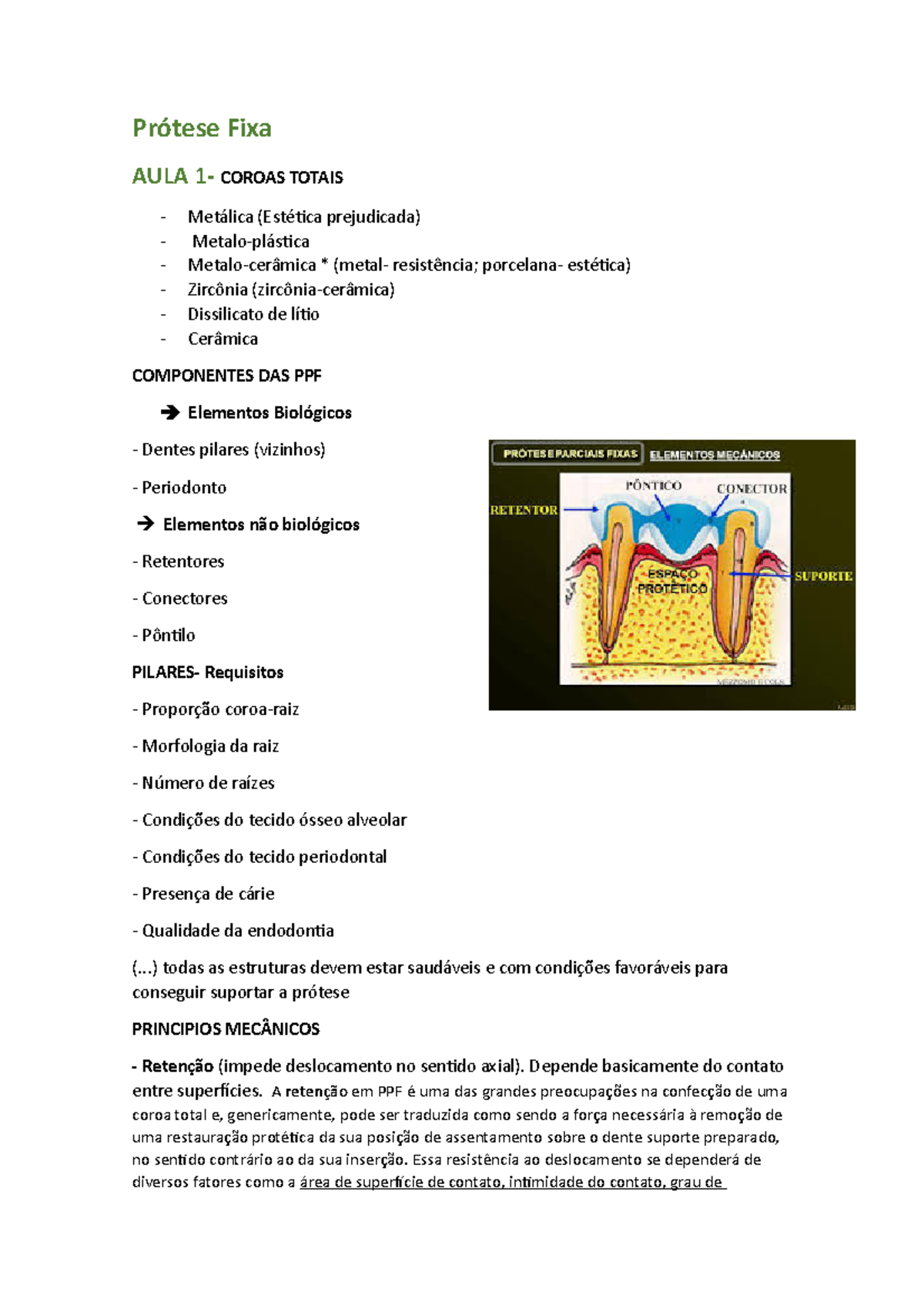 Resumo Protese Fixa I - Fixa AULA COROAS TOTAIS prejudicada ...