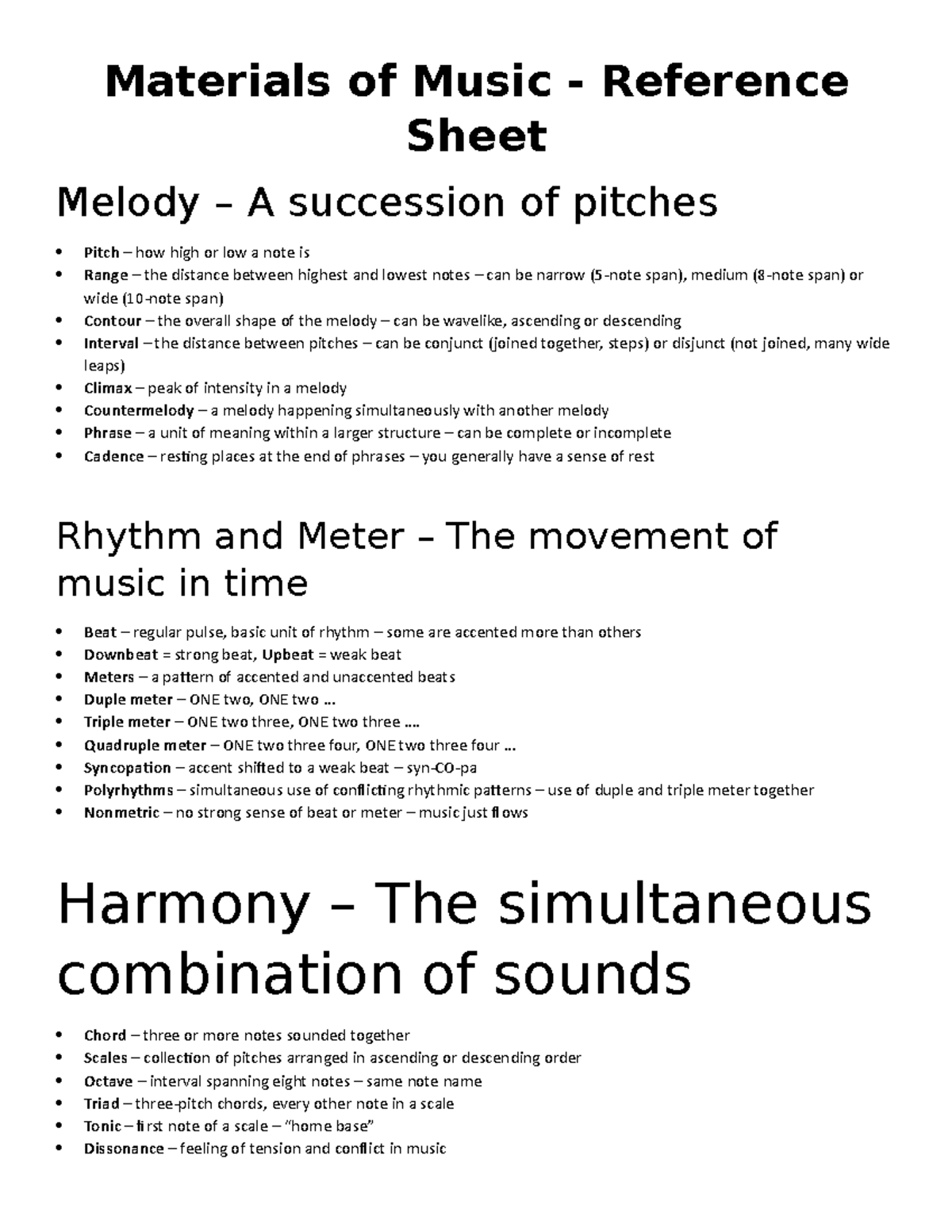 Musical Terms Reference Sheet - Materials of Music Reference Sheet ...