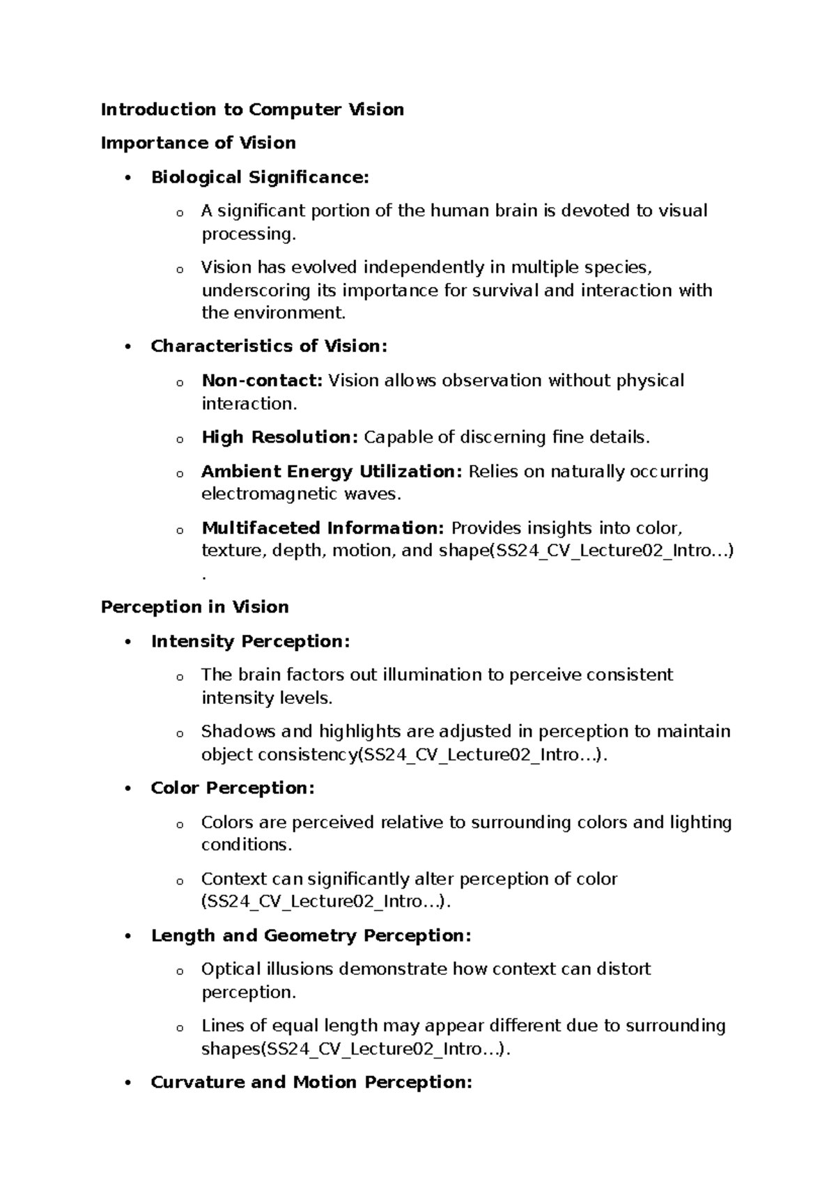 CV Lecture 1 - Introduction to CV - Introduction to Computer Vision Importance of Vision - Studocu
