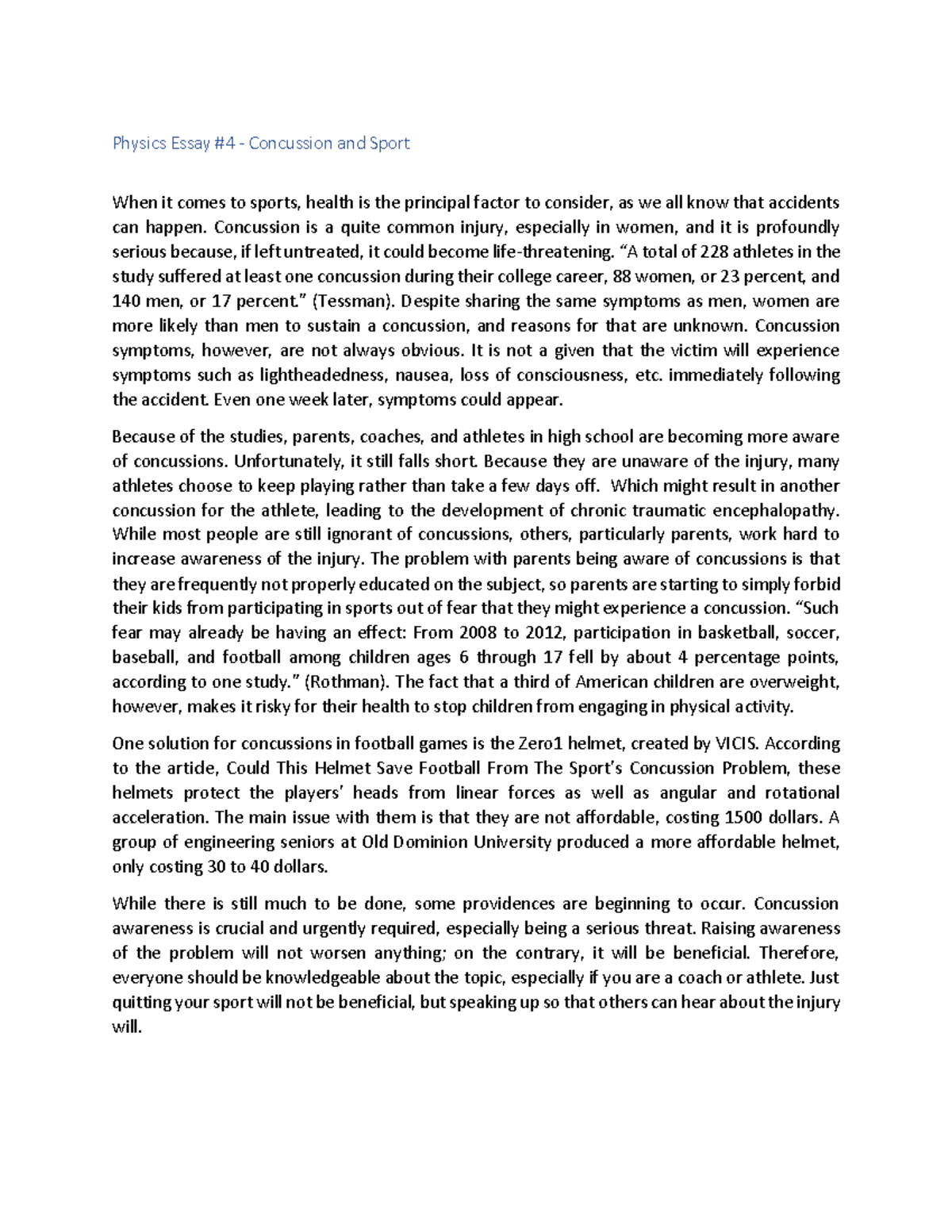 Physics Essay #4 - Concussion and Sport - Concussion is a quite common ...