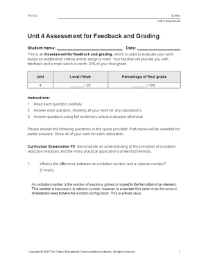 Unit 2 Assessment for Feedback and Grading - TVO ILC SCH4U Unit 2 ...