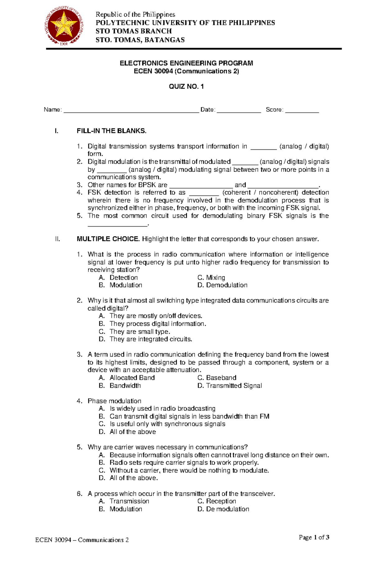 Q1- Digicomms 1 - DIgital Communication notes - Page 1 of 3 ECEN 30094 ...
