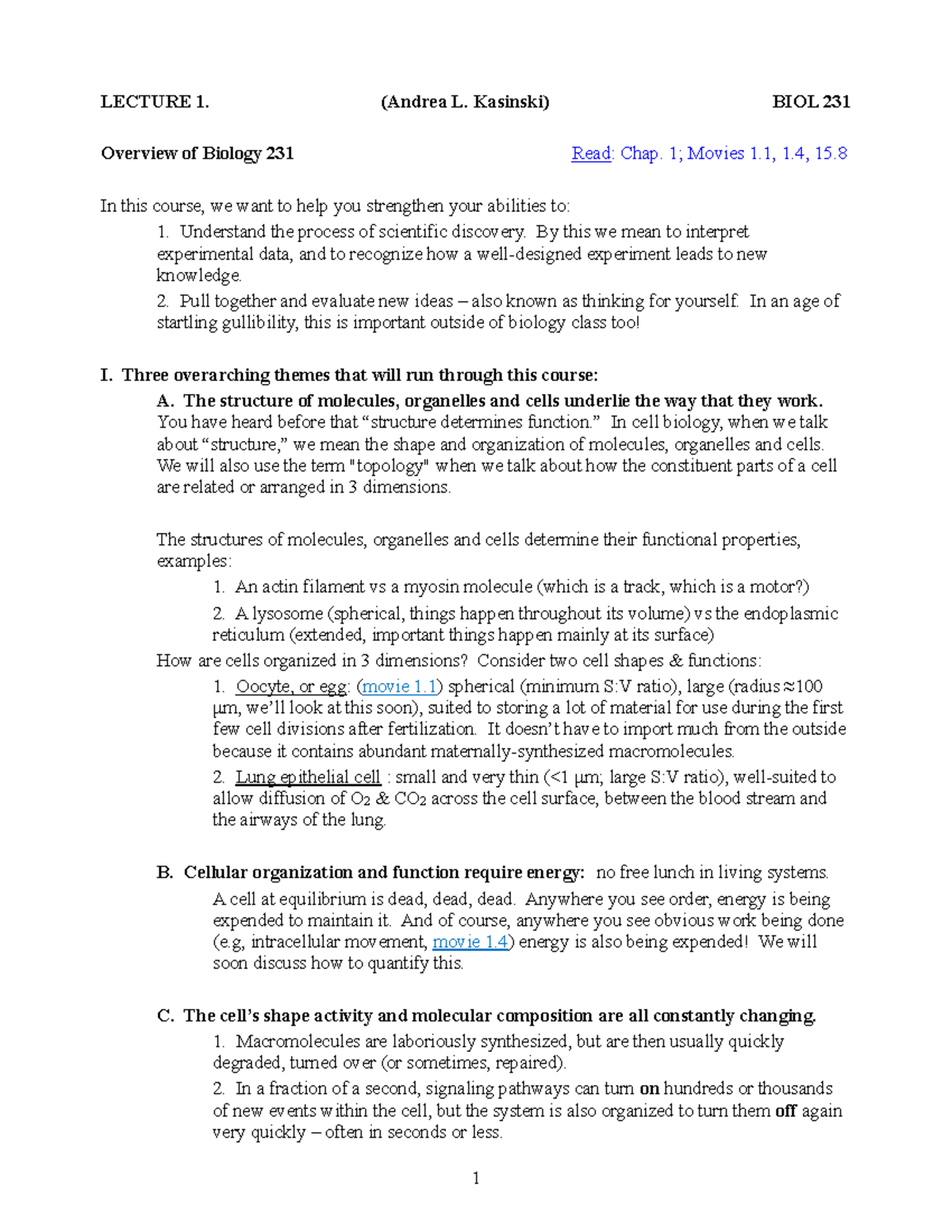 Lecture 01 - Dr. Kasinski - LECTURE 1. (Andrea L. Kasinski) BIOL 231 ...