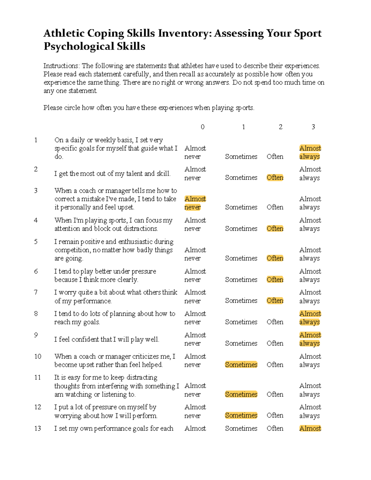 Athletic coping skills inventory - Athletic Coping Skills Inventory ...