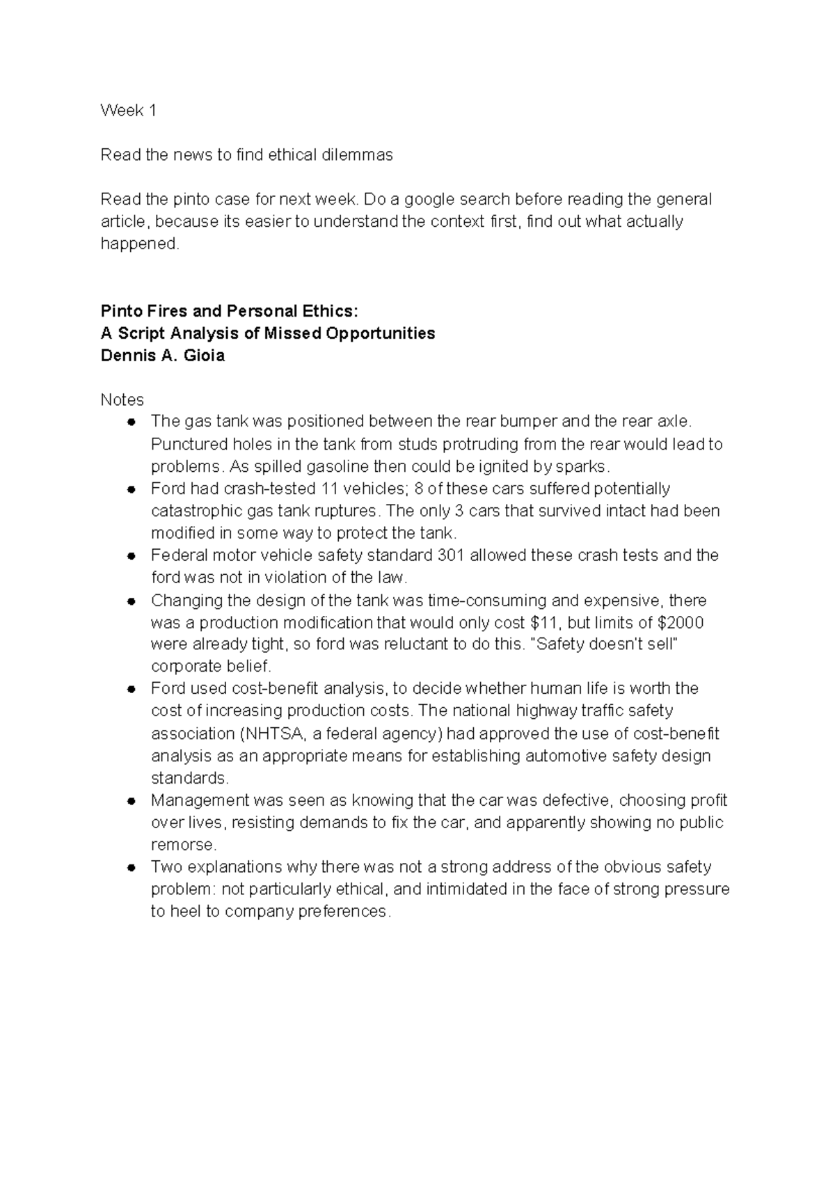 Week 1 pinto fires case - Week 1 Read the news to find ethical dilemmas ...