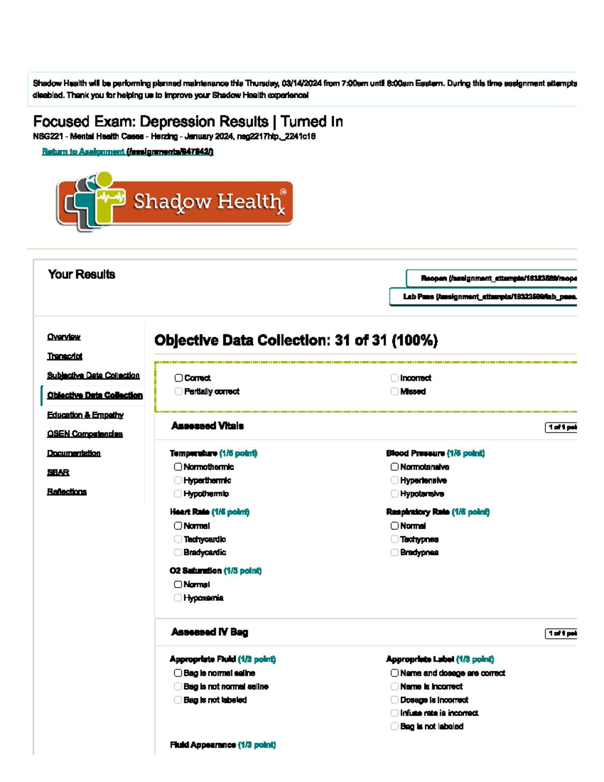 Objective data - Shadow health Depression patient Ms HArris - NSG221 ...