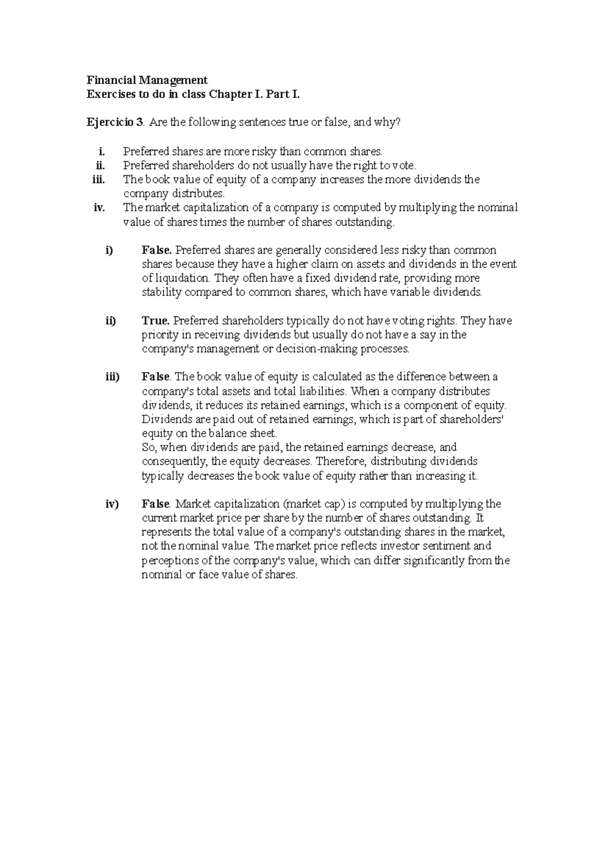 Exercises to do in class Financial Management - Financial Management ...