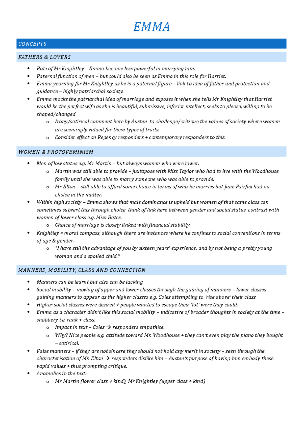 Emma Study Notes - EMMA CONCEPTS FATHERS & LOVERS Role of Mr Knightley ...