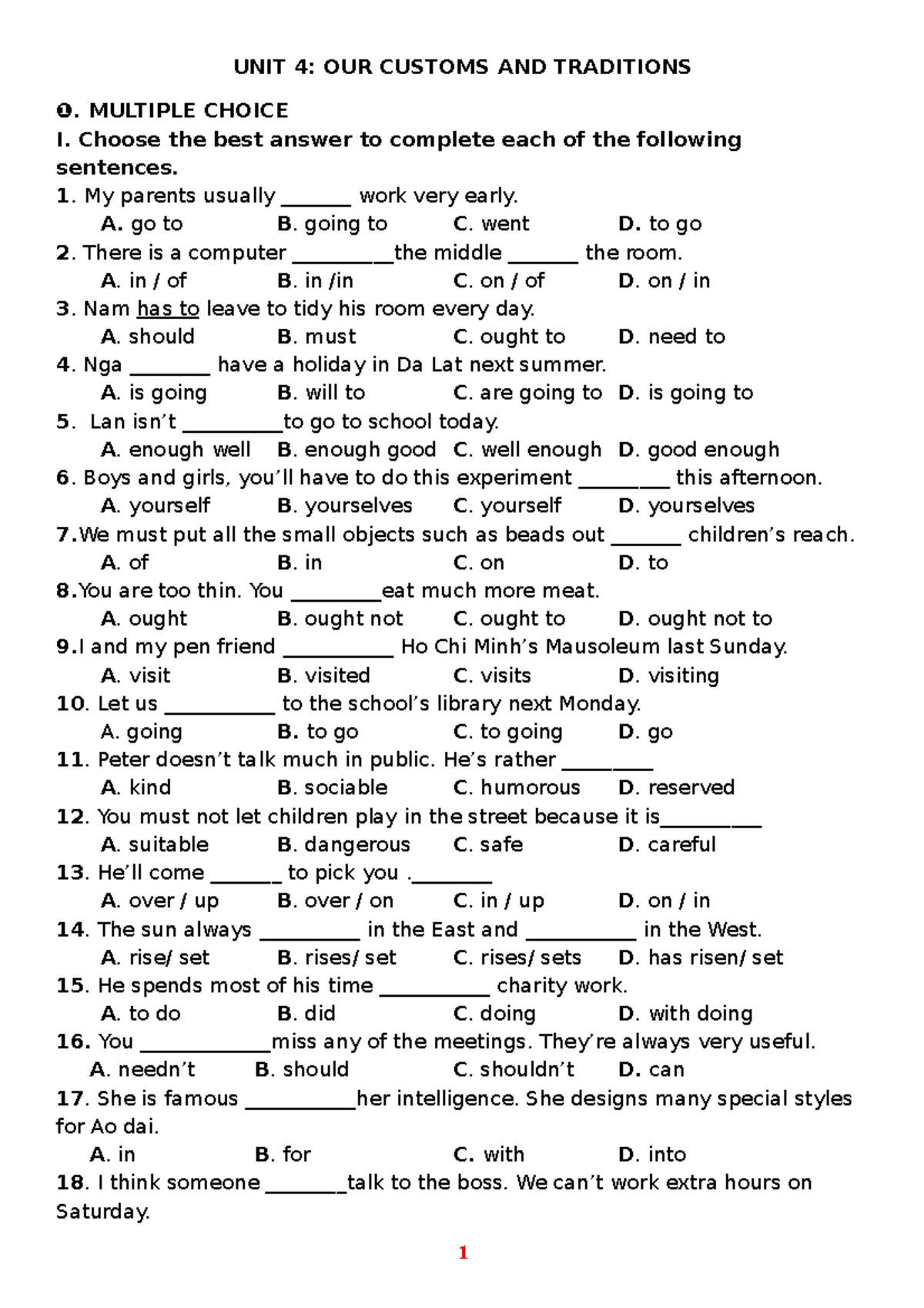 Bài tập Anh 8 theo unit E8 UNIT 4 - UNIT 4: OUR CUSTOMS AND TRADITIONS . MULTIPLE CHOICE I ...