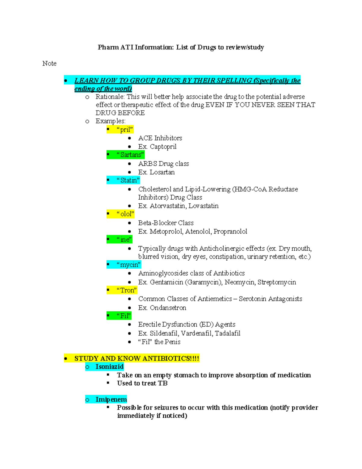 ATI Pharm Proctored Exam Study Guide (1) - Pharm ATI Information: List ...