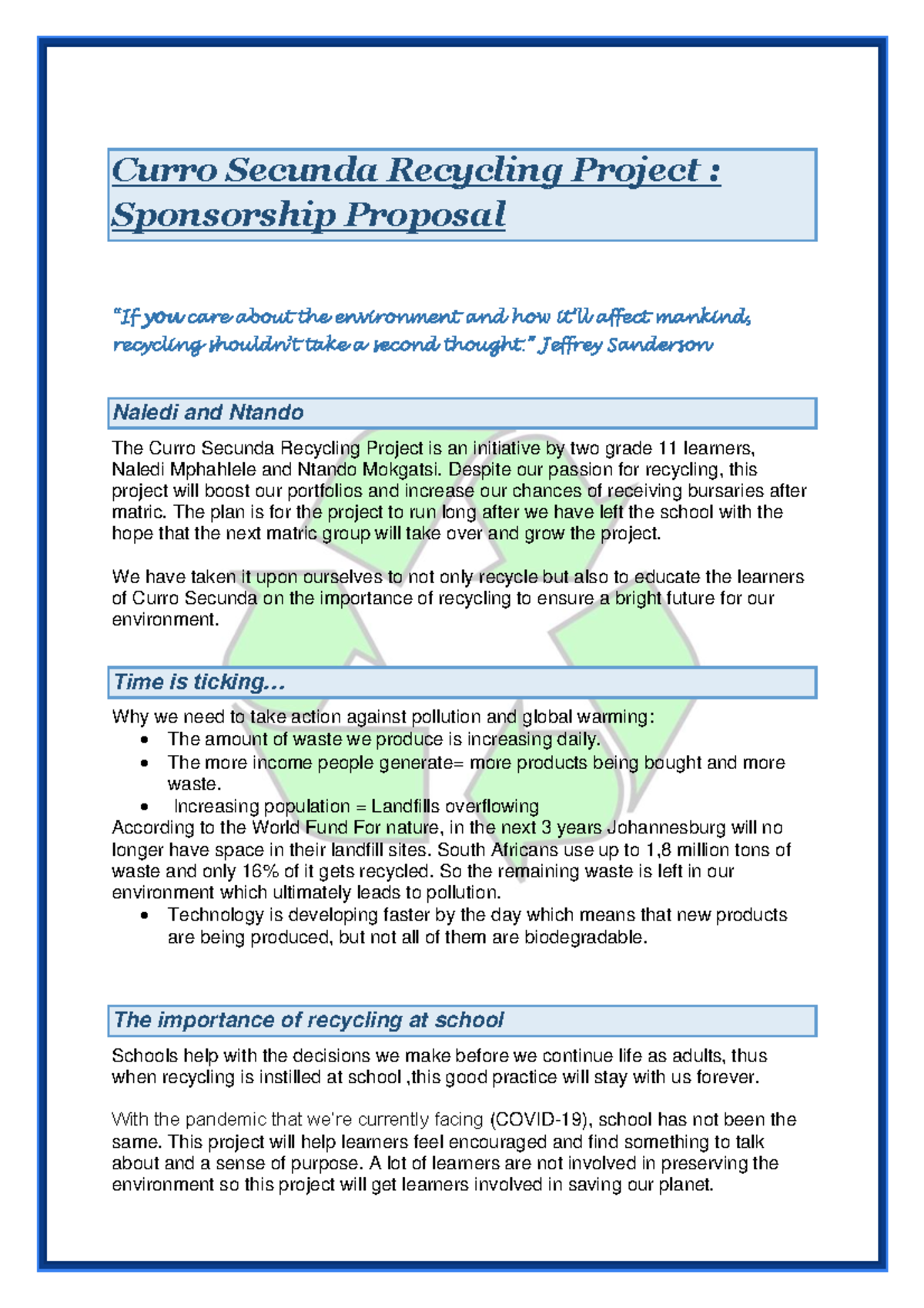 Recycling Project- Sponsorship Proposal - Curro Secunda Recycling ...