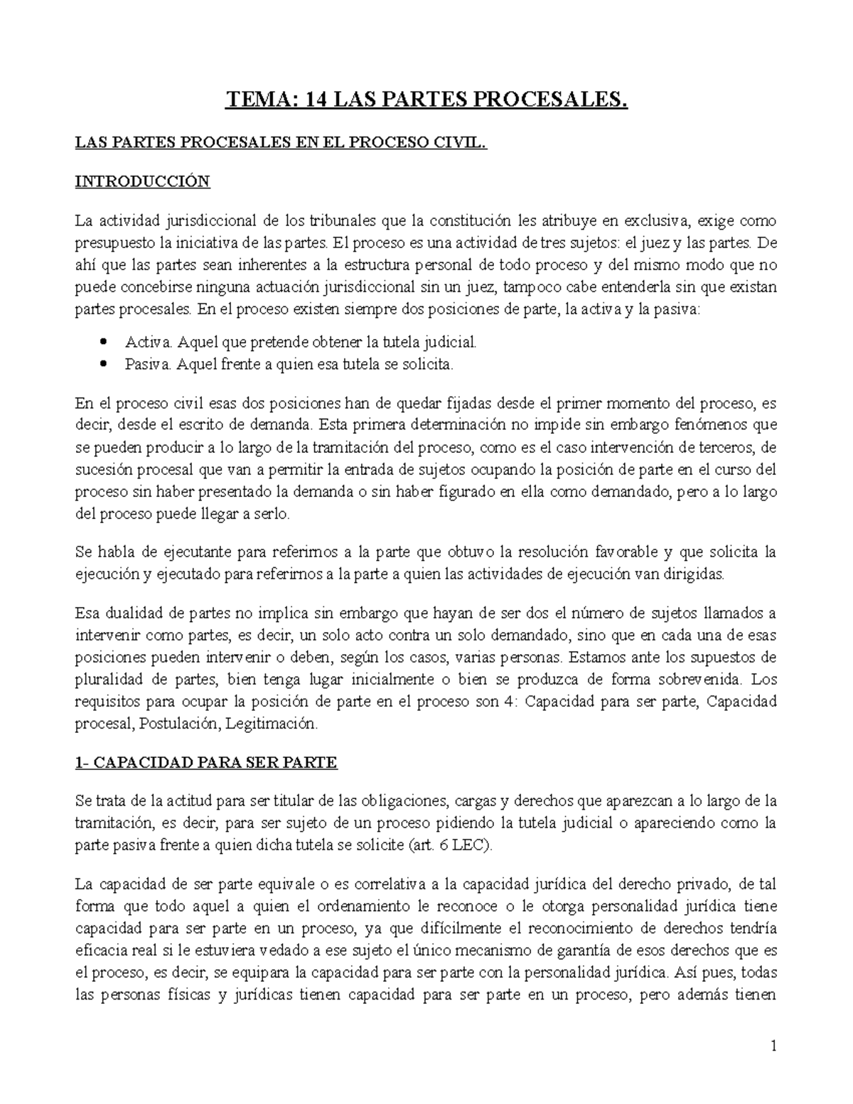 Tema 14 - Apuntes 14 - TEMA: 14 LAS PARTES PROCESALES. LAS PARTES ...
