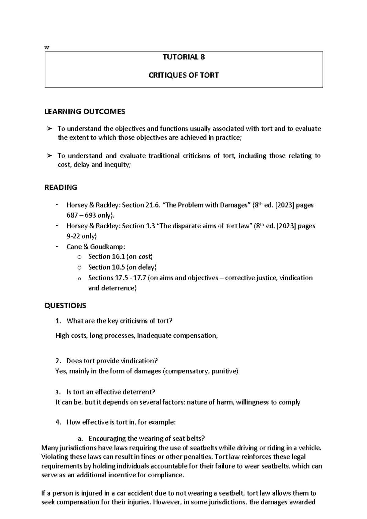 Tort 30 Tutorial 8 - Critiques of Tort -Tutorial Preparation worksheet - w LEARNING OUTCOMES To ...