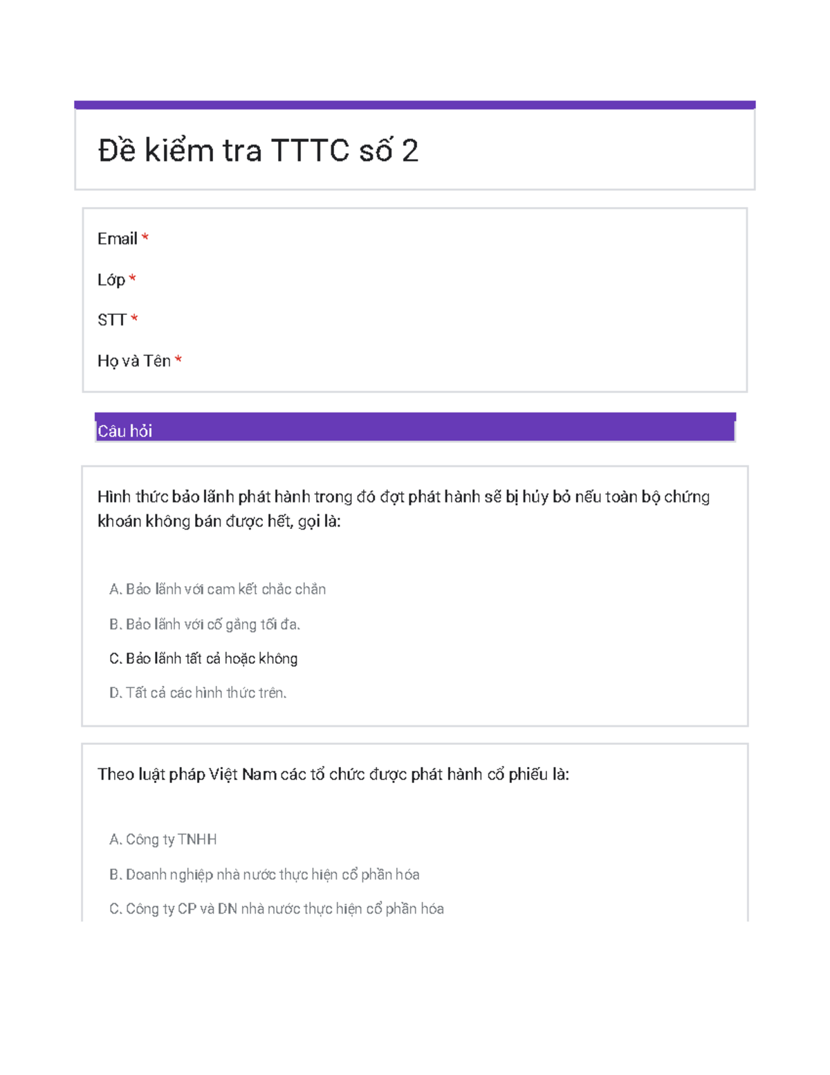 Đề ôn TTTC số 2 - Đề kiểm tra TTTC số 2 Email * Lớp * STT * Họ và Tên ...