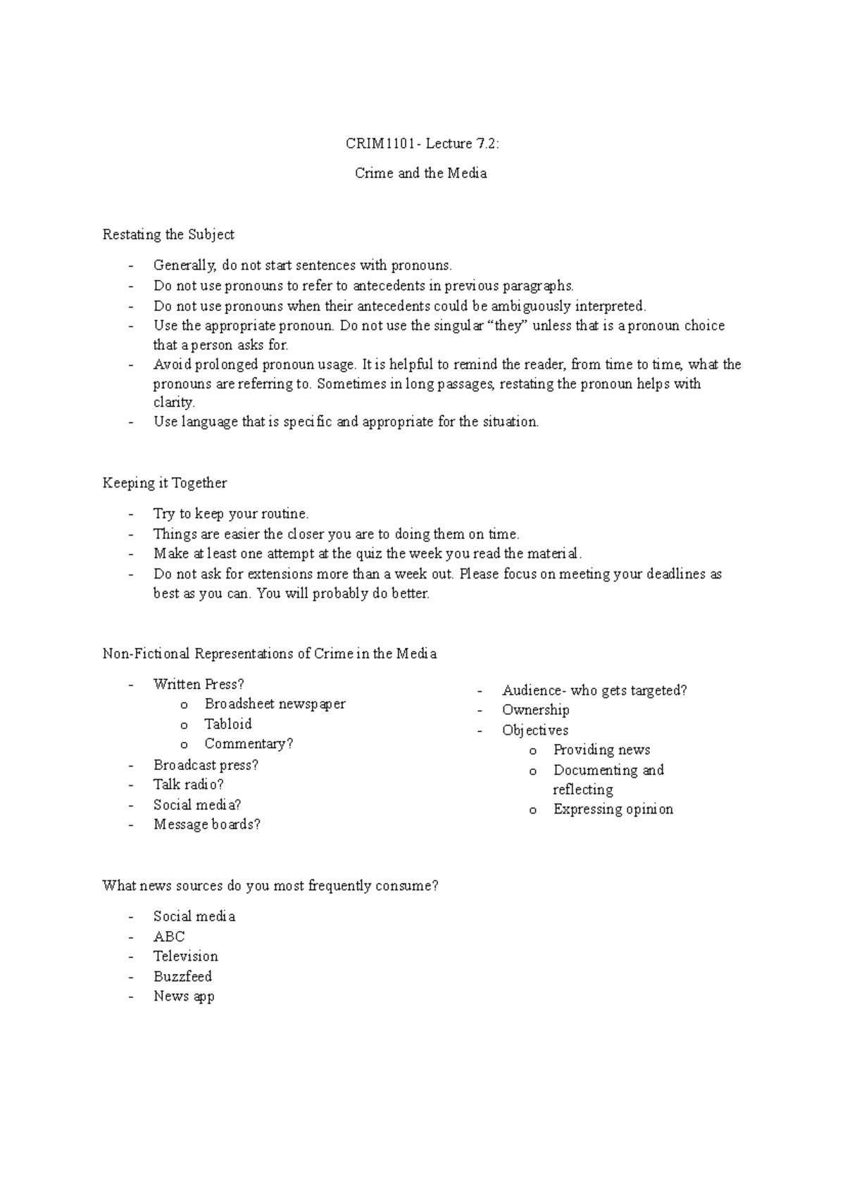 Lecture 7.2 Crime and the Media - CRIM1101- Lecture 7: Crime and the ...