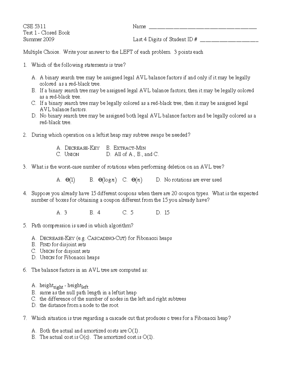Sum09Z - Summer Test 1 - CSE 5311 Name ...