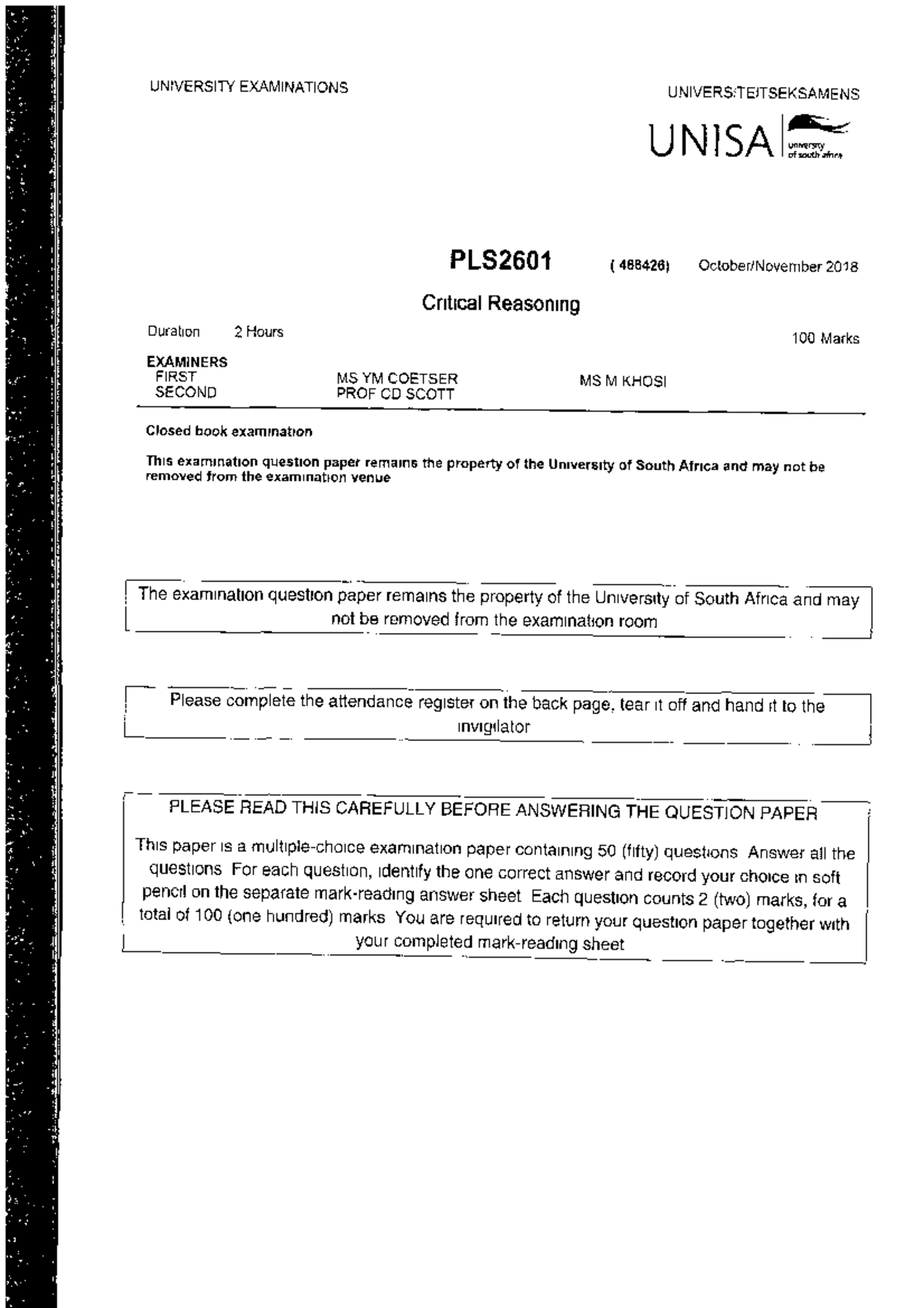 PLS2601 2018 10 E 1 - PAST EXAM - PLS2601 - Studocu