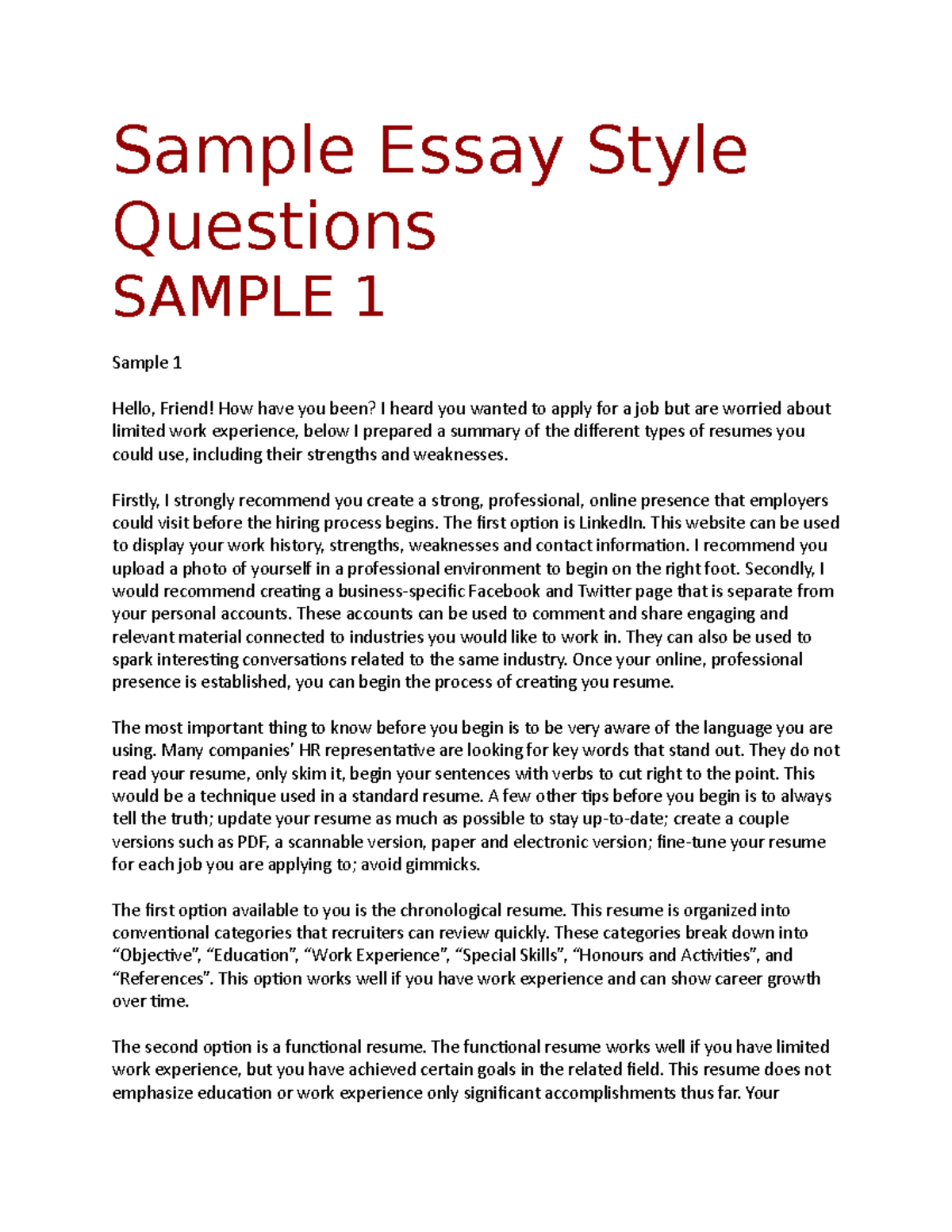 Sample Essay For The Final Exam Study Sample Essay Style Questions