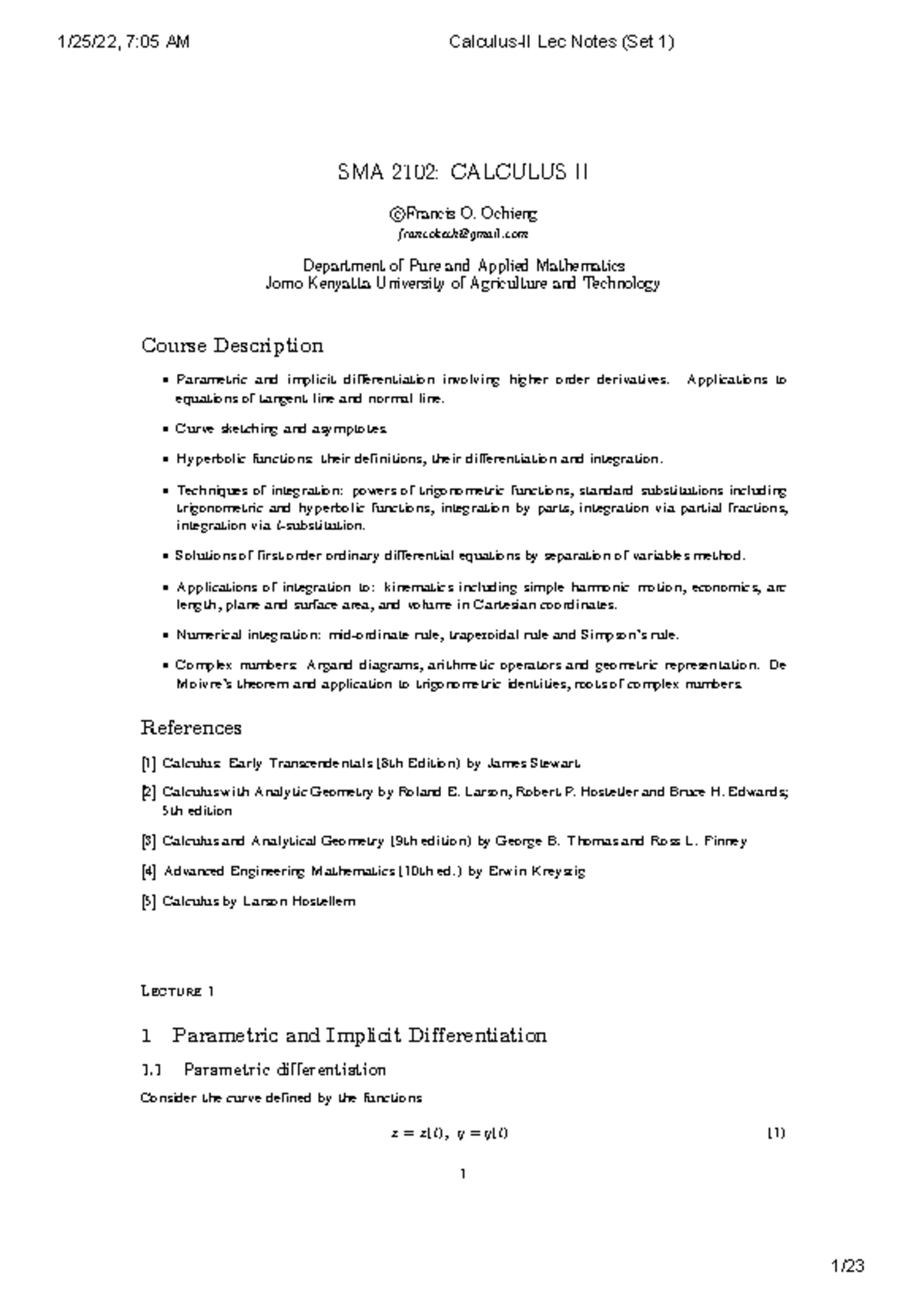 Calculus-II Lec Notes (Set 1) - SMA 2102: CALCULUS II cFrancis O ...