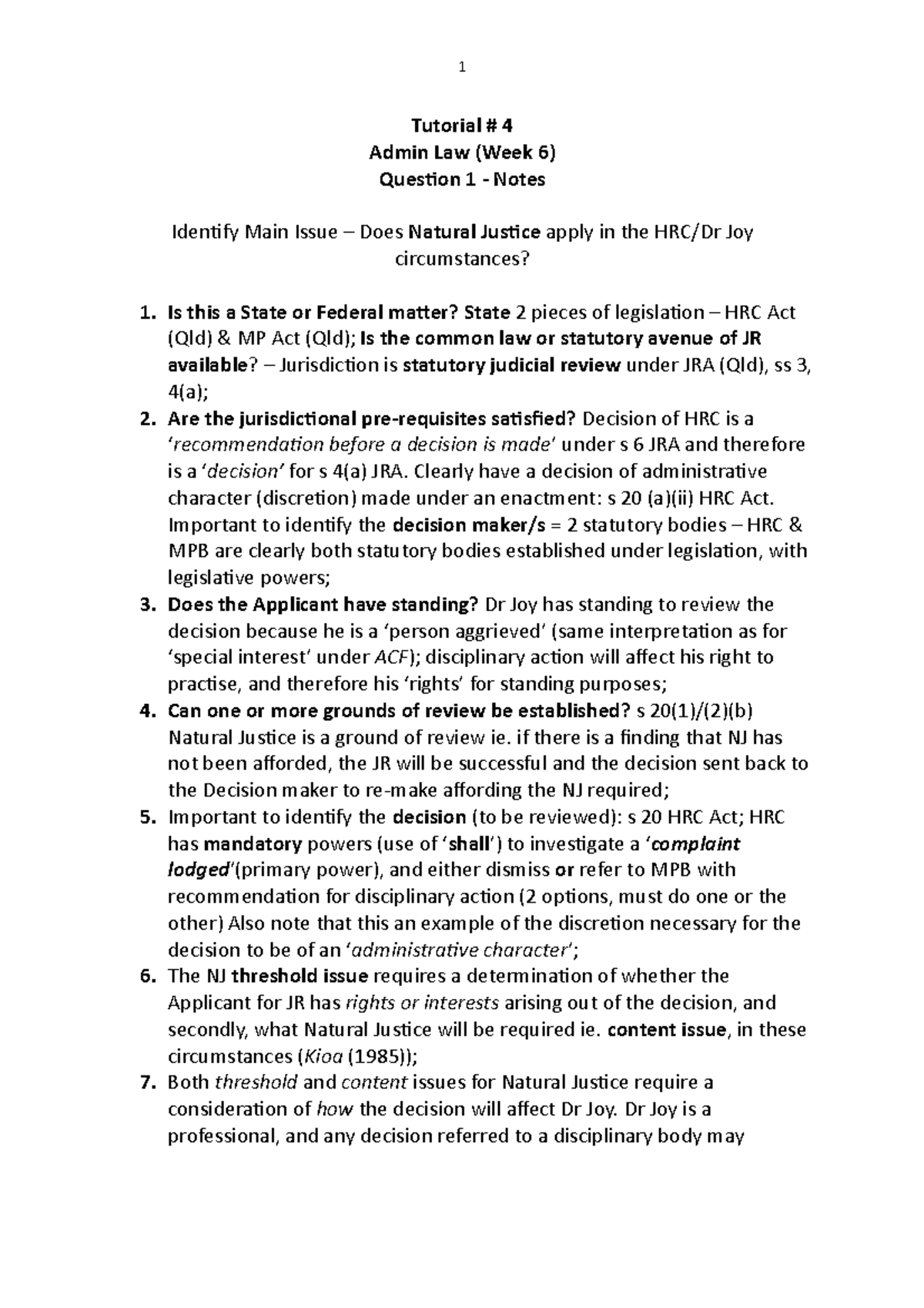 Tutorial 4 - Admin Law - W6 - Q1 - Tutorial # 4 Admin Law (Week 6 ...