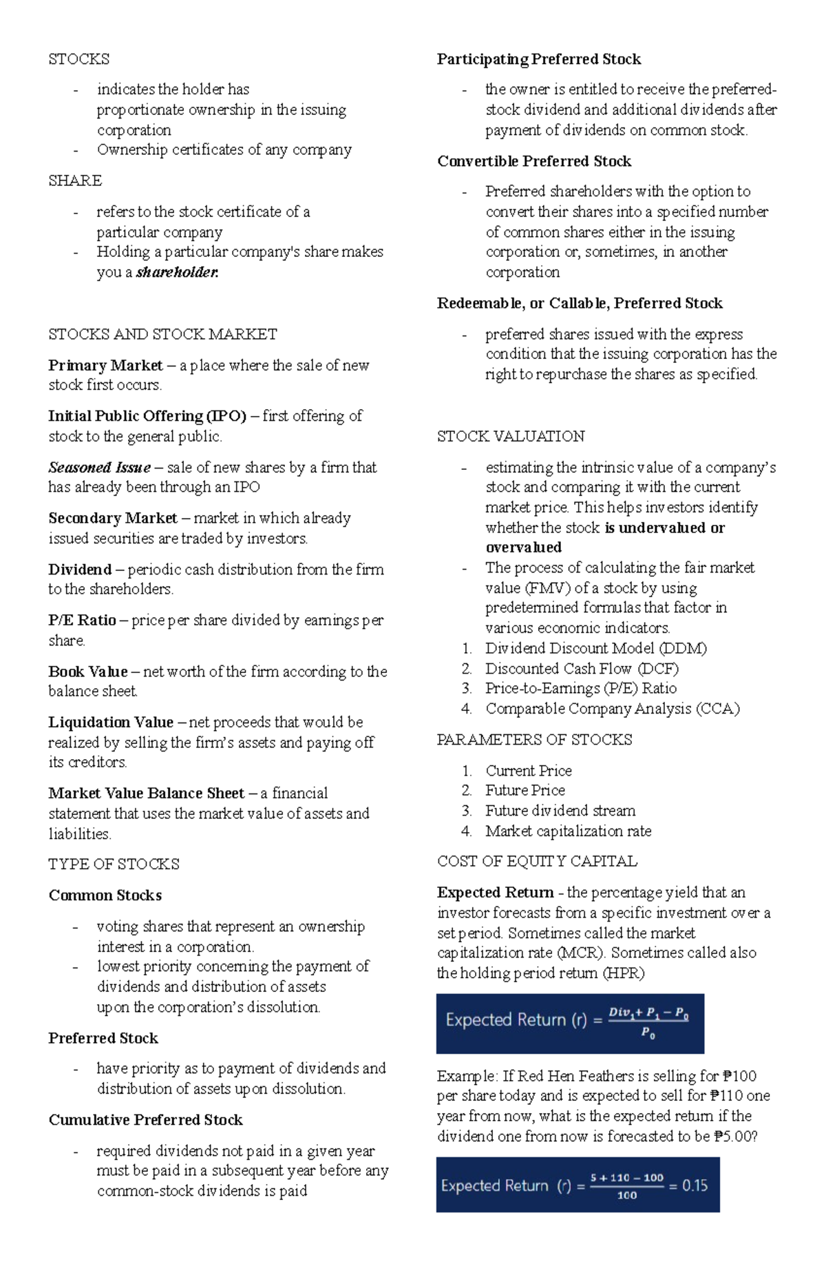 UNIT V - Bond Valuation - STOCKS indicates the holder has proportionate ...