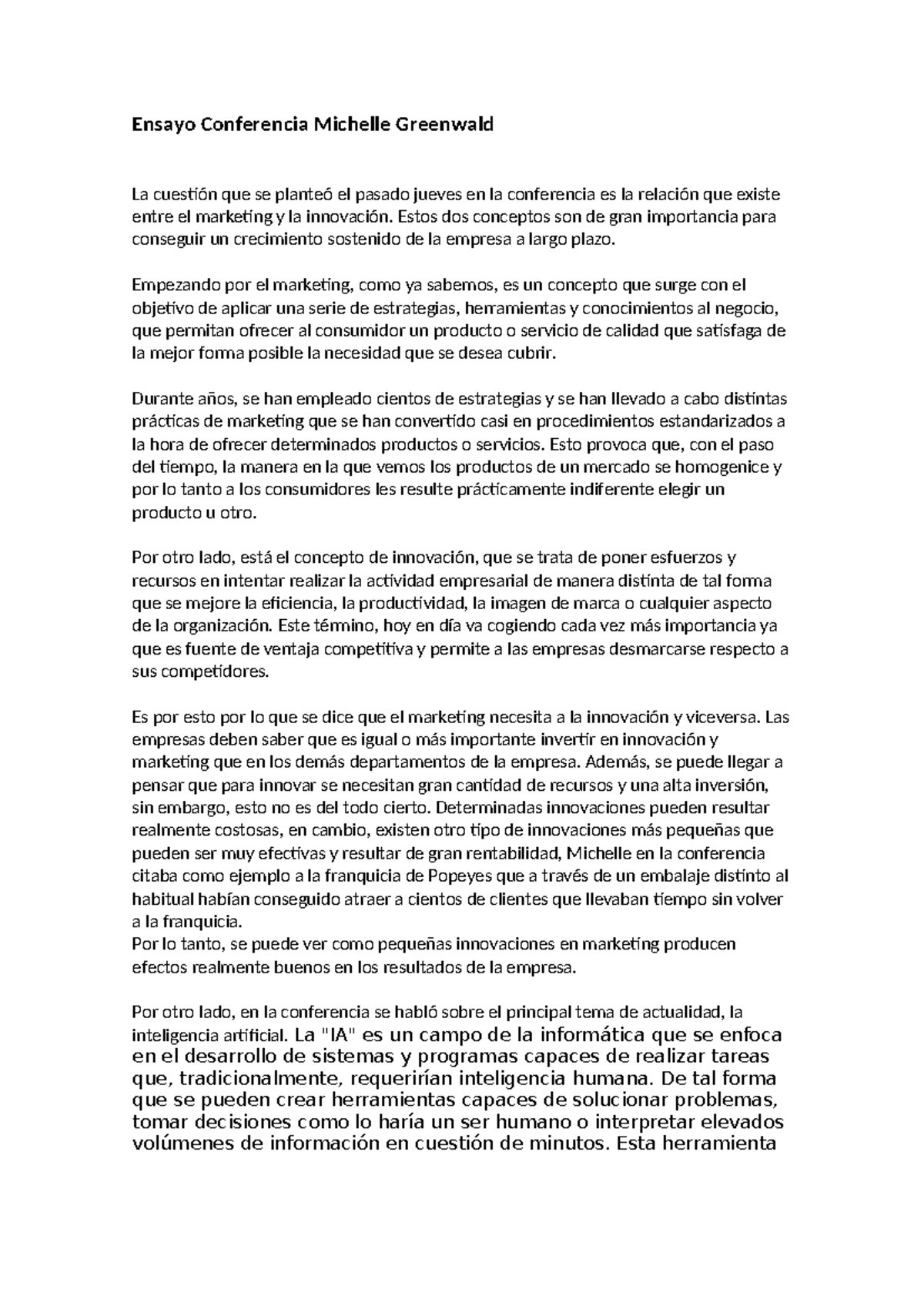 Ensayo Conferencia Michelle Greenwald - Estos dos conceptos son de gran ...