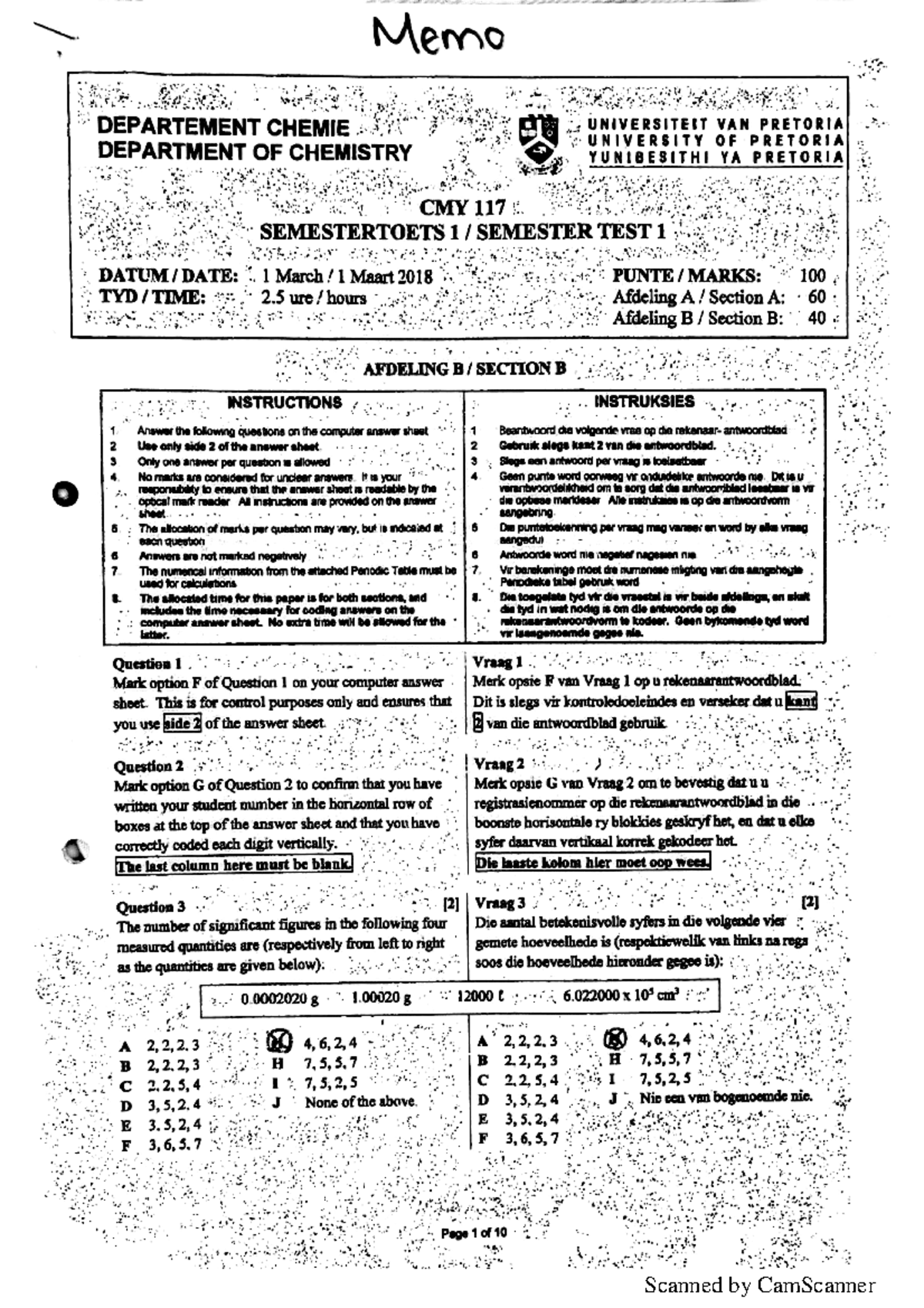 CMY117 Sem Test 1 2018 memo - CMY 117 - Studocu