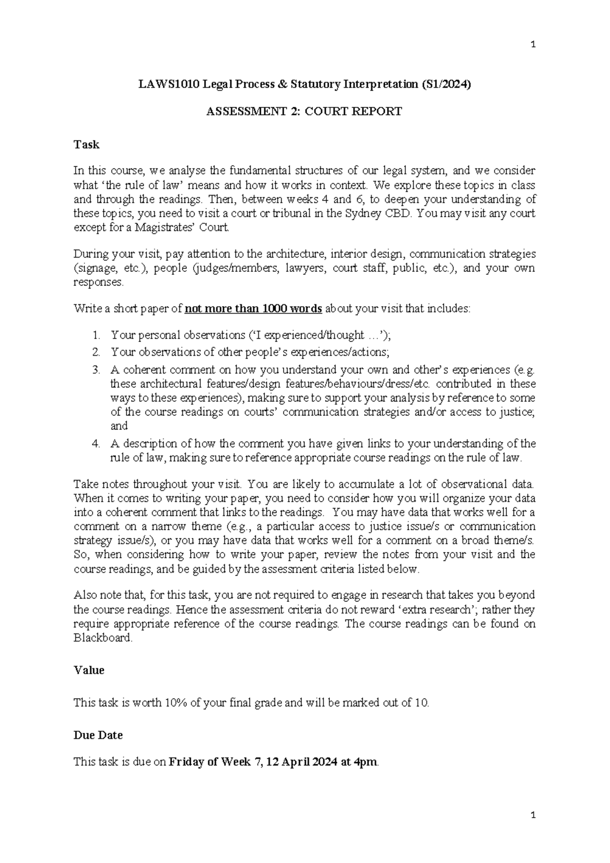 24S1 - LAWS1010 Assessment - Court Report - LAWS1010 Legal Process ...