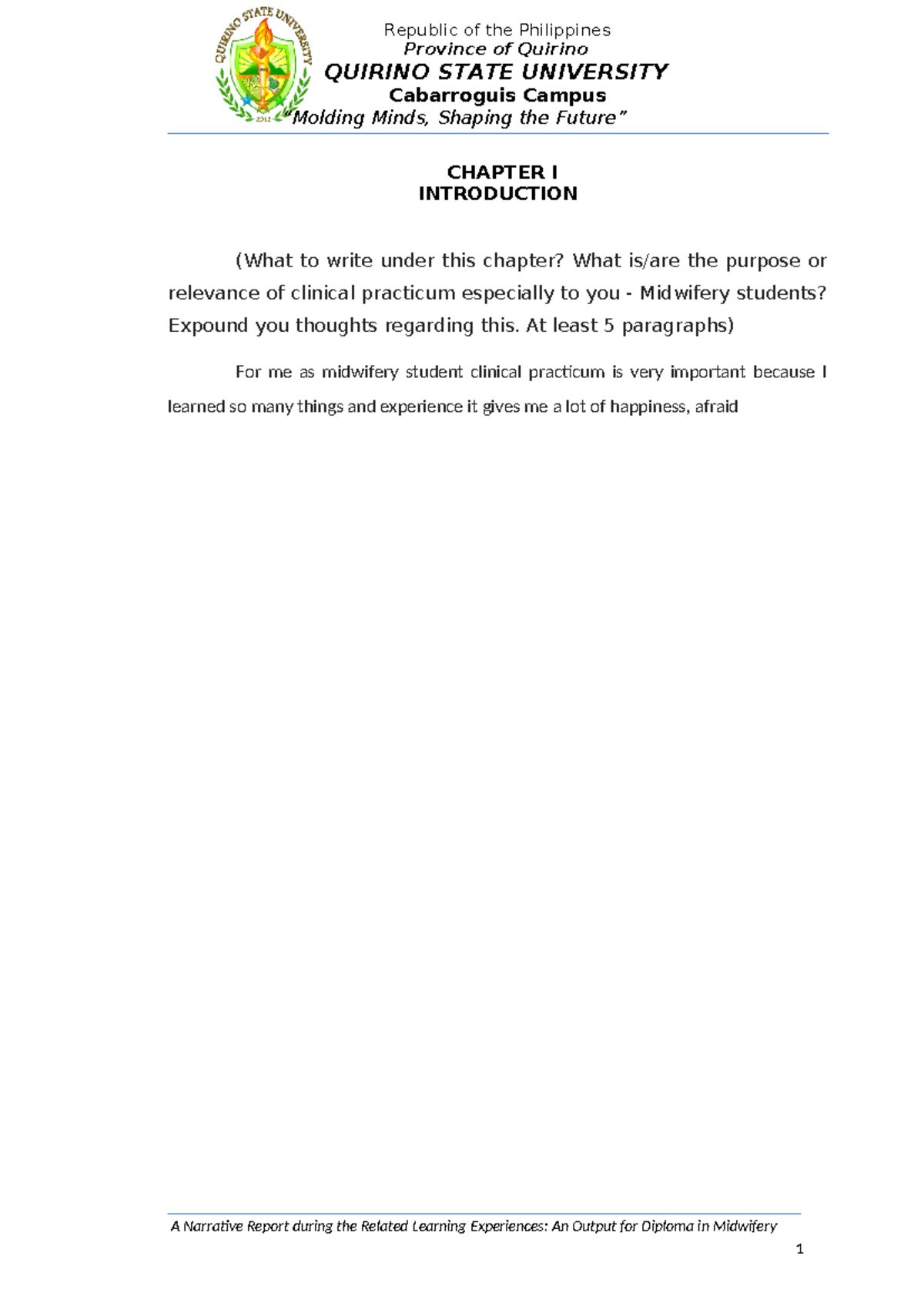 BODY Narrative- Report - Province of Quirino QUIRINO STATE UNIVERSITY ...