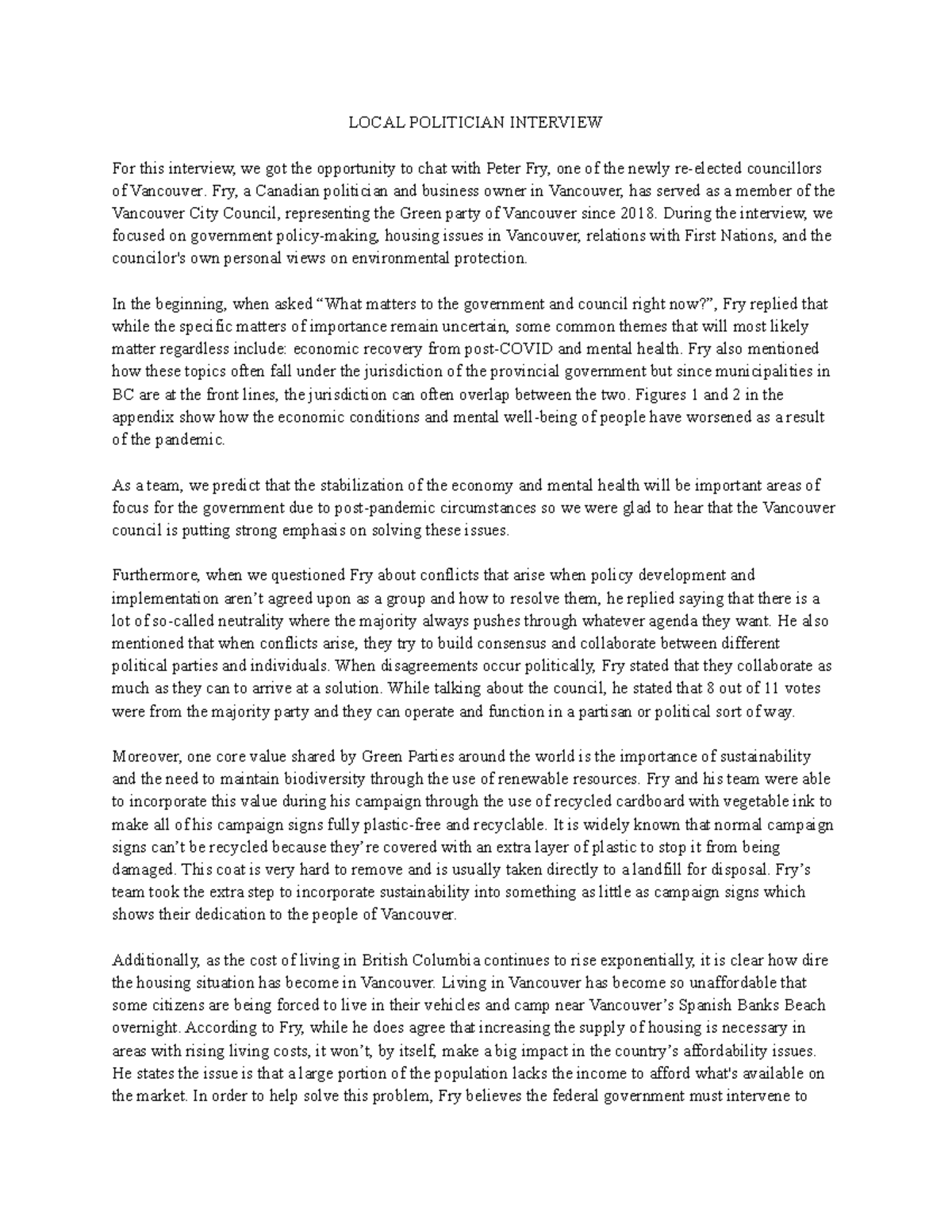 Local Politician Interview - LOCAL POLITICIAN INTERVIEW For this ...