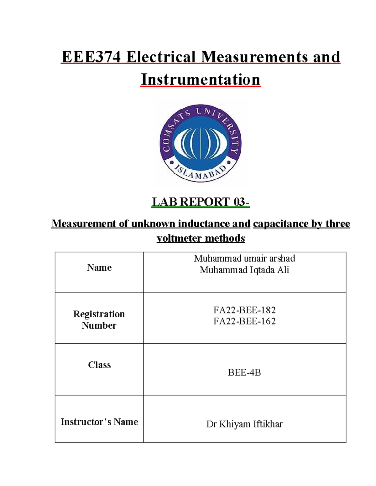 EMI LAB3 umair - Lab Report - EEE374 Electrical Measurements and ...