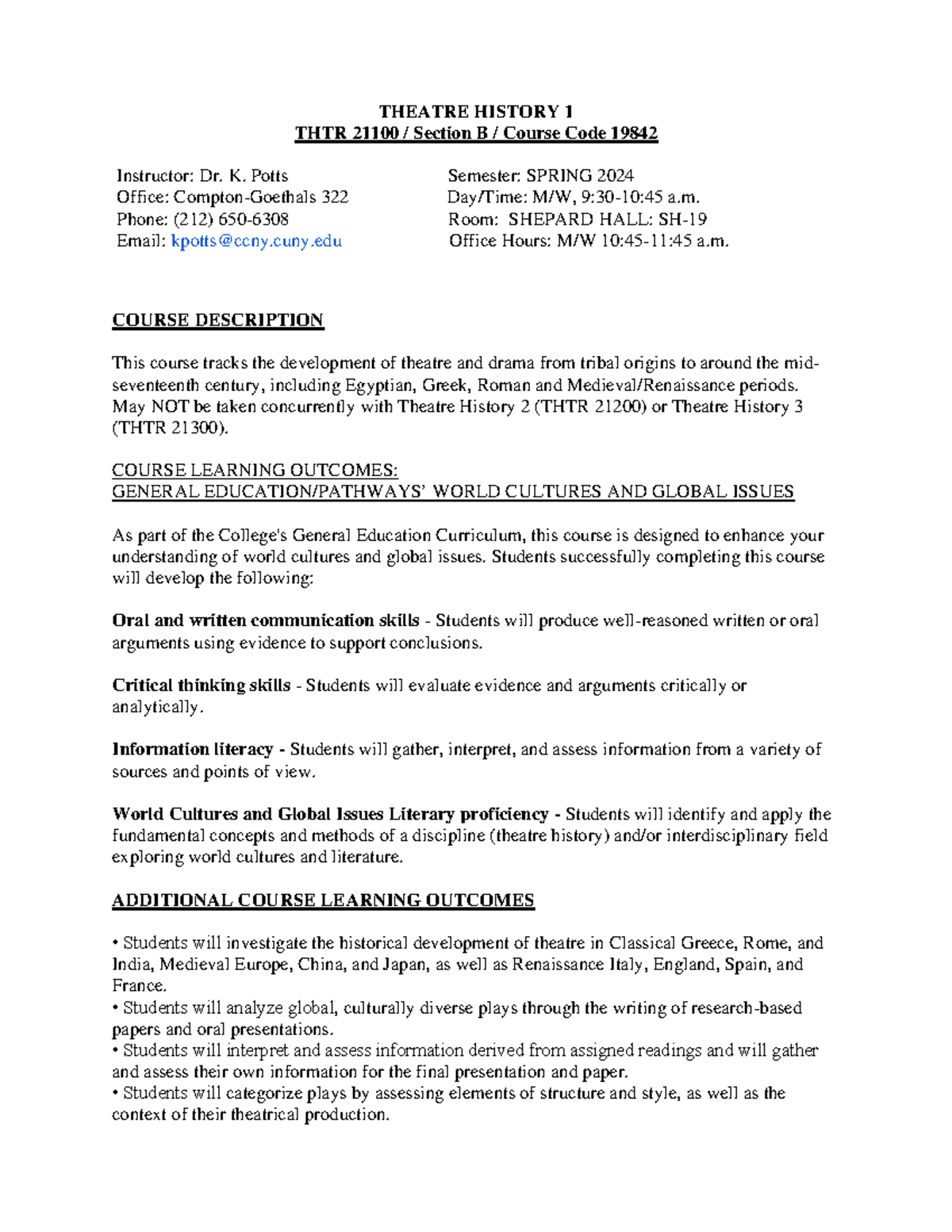 Potts Syllabus 21100 Spring Version 4 01 23 2024 - THEATRE HISTORY 1 ...