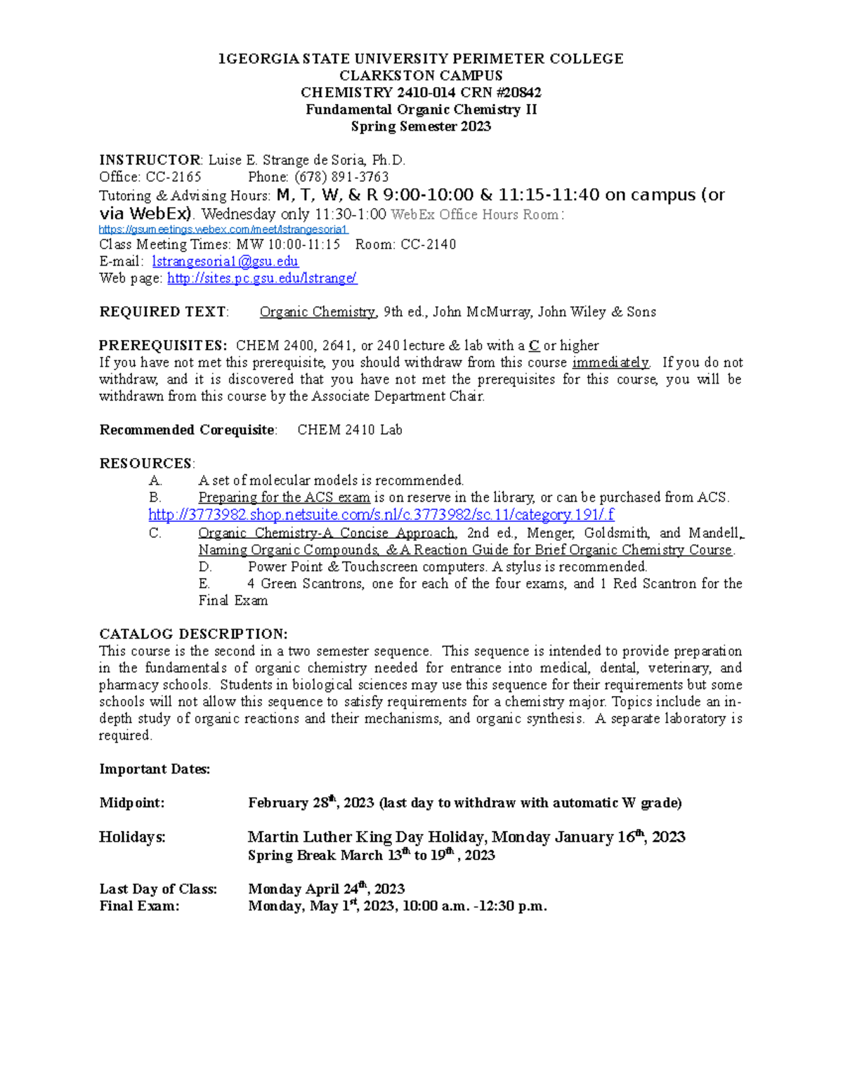Orgo 2 Syllabus - 1GEORGIA STATE UNIVERSITY PERIMETER COLLEGE CLARKSTON ...