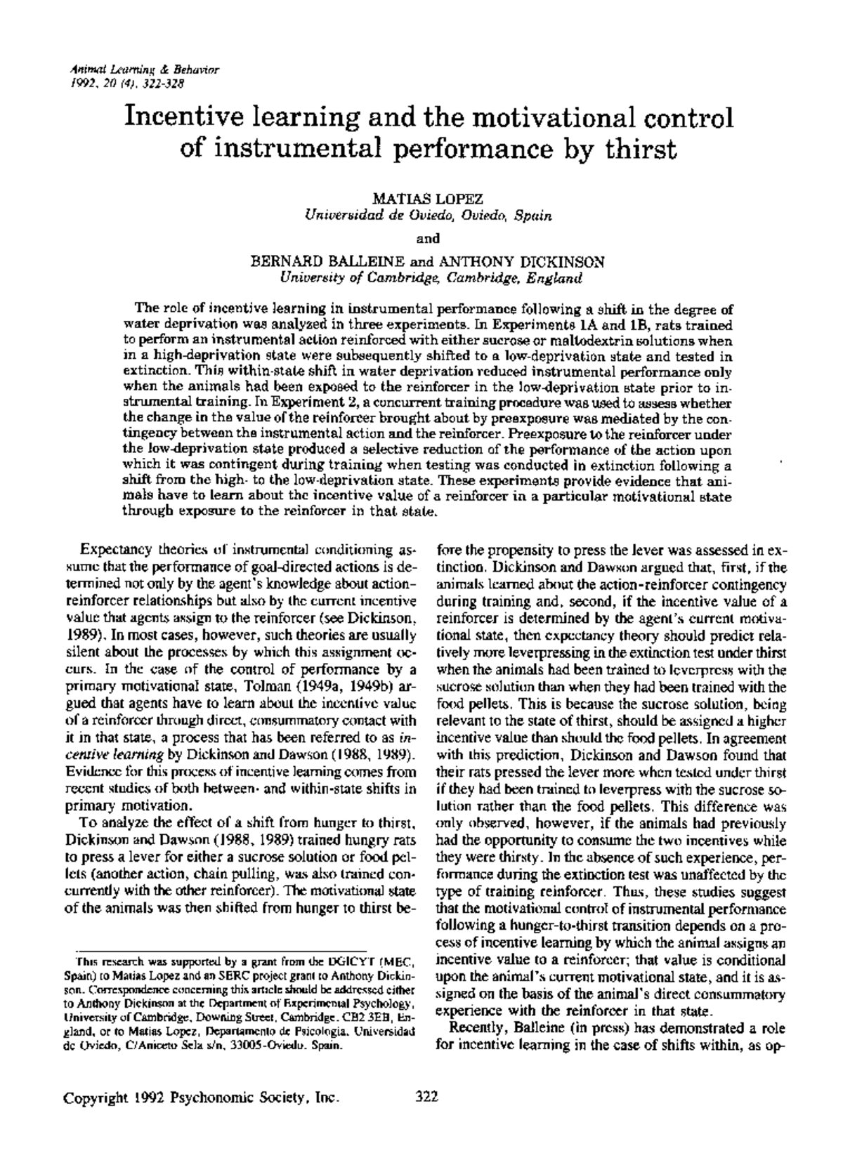 Incentive learning and the motivational - In Experiments IA and IB ...