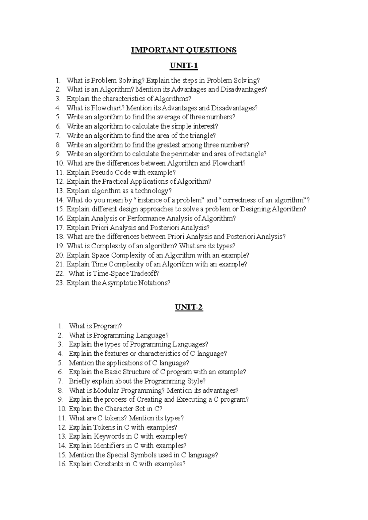 Imp - Problem solving techniques important questions - IMPORTANT ...