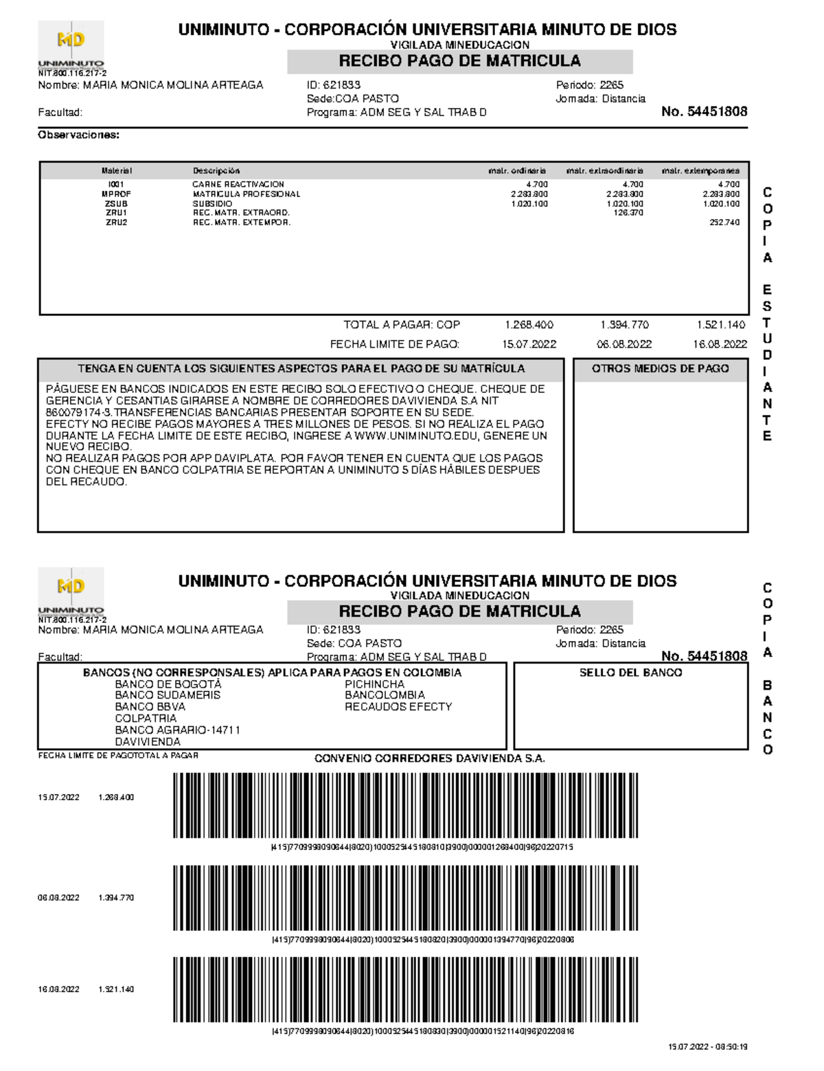 Recibo Matricula 8 Semestre Monica P9dl MPPTt - C O P I A E S T U D I A ...